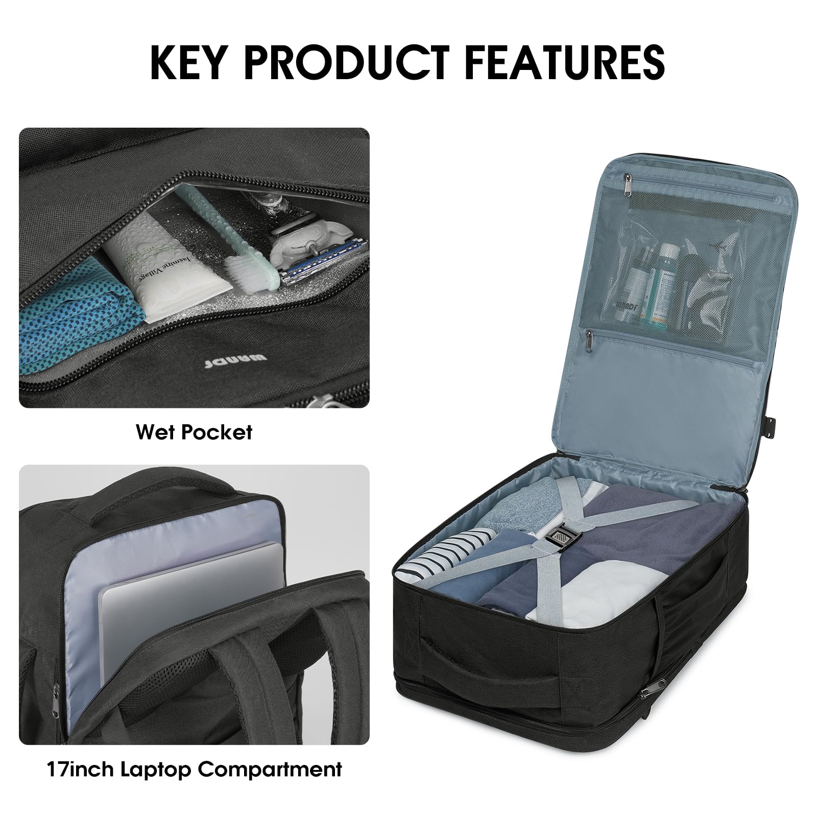 WANDF Travel Backpack For Spirit Airlines Personal Item Bag 18x14x8 with Wet Pocket, 17 Inch Laptop Backpack for Men Women(Black)