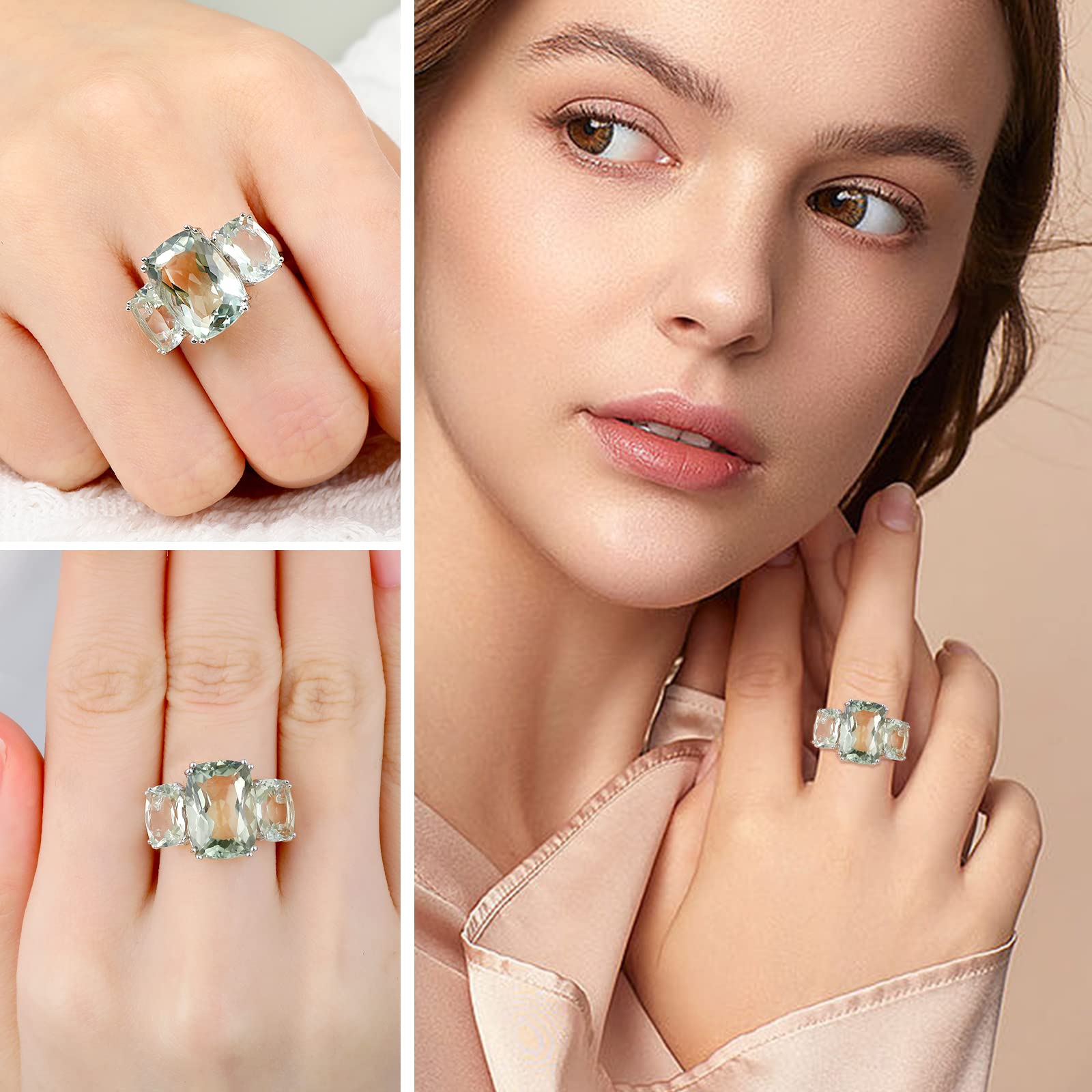 supermodel 10 Ct Natural Green Amethyst 3 Stone Statement Ring for Women 925 Sterling Silver Rhodium Plated Solitaire Promise Ring Gift for Anniversary Valentines Day Size 7