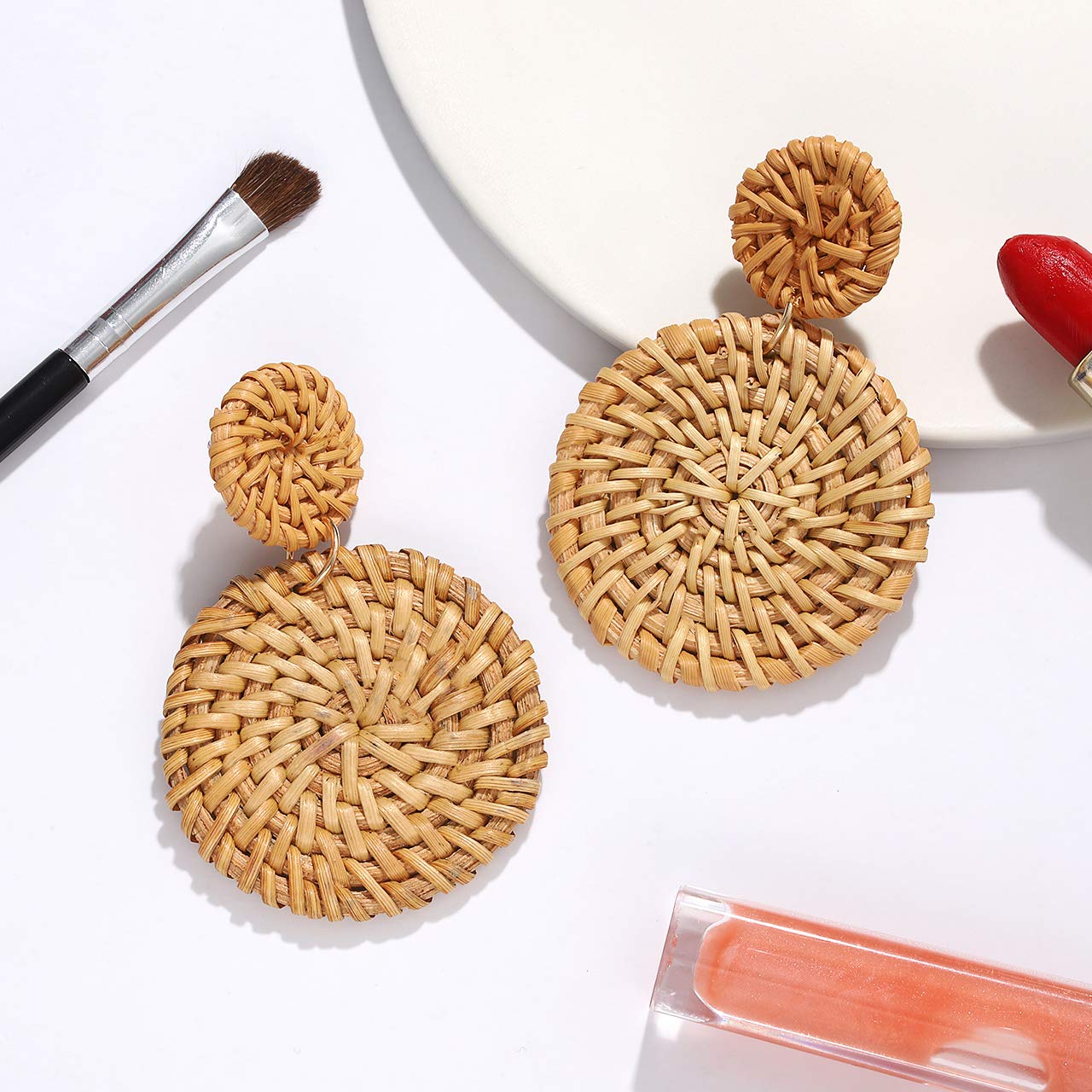 Weave Straw Double Disc Drop Earrings Boho Rattan Dangle Statement Earrings (rattan disk dark)