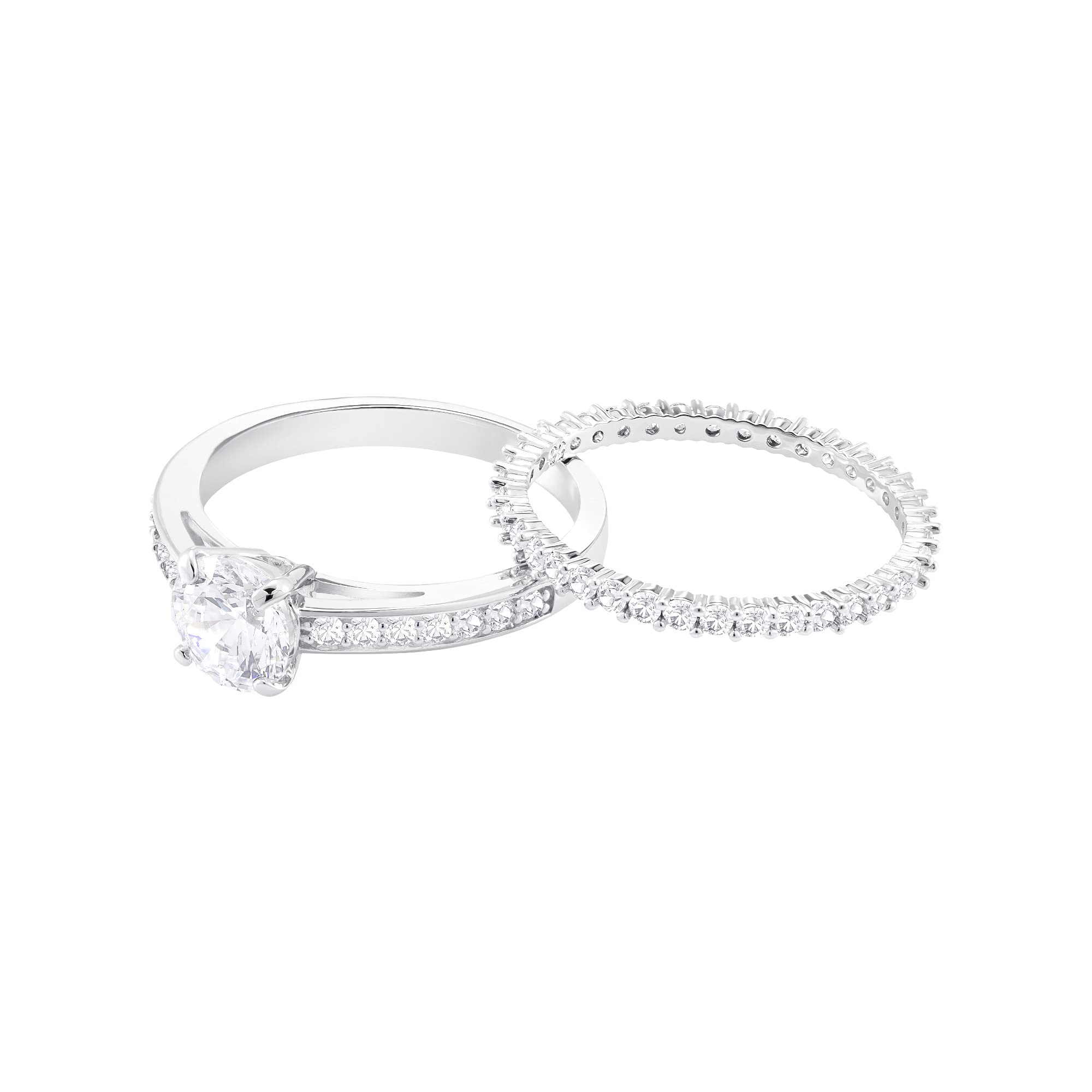 SWAROVSKI Stilla Attract Ring Set, Round Clear Crystal Center Stone with Clear Crystal Pavé on a Rhodium Plated Setting and a Second Stackable Ring, Size 6