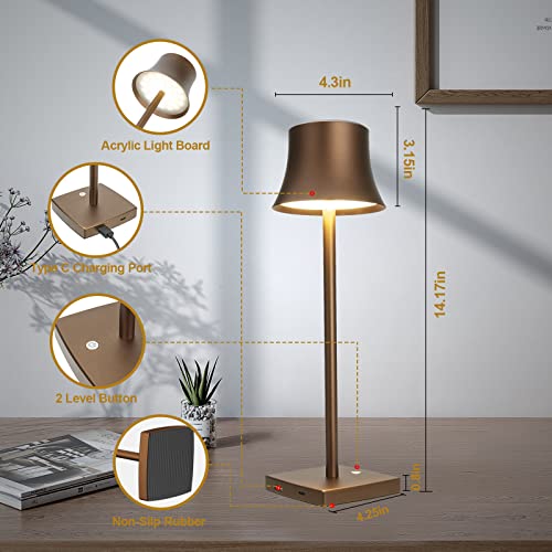 SHANGCAI LED Desk Lamp Cordless Table Light, Rechargeable Battery Powered 3 Levels Brightness Dimmable for Outdoor Portable Hotel Restaurant Dining Study Tables Lamps Brown