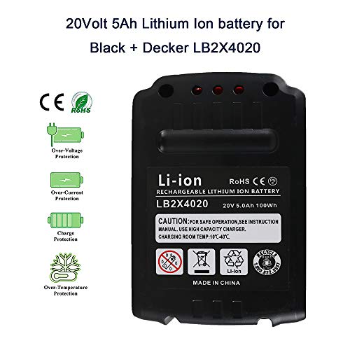 Volt1799 20V 5.0Ah Replacement Battery and Charger for Black and Decker 20V Max Lithium Batteries LB20 LB2X4020 LBXR20B-2 LBXR2020-OPE LB2X4020-OPE LBX4020