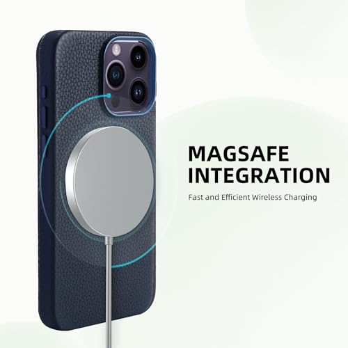 RKS Leather Case for iPhone 15 Pro Max (6.7inch), Compatible with MagSafe, Stylish Lychee Pattern Genuine Leather case with Soft Fiber Lining, Lip Screen Protection, Wireless Charging Navy