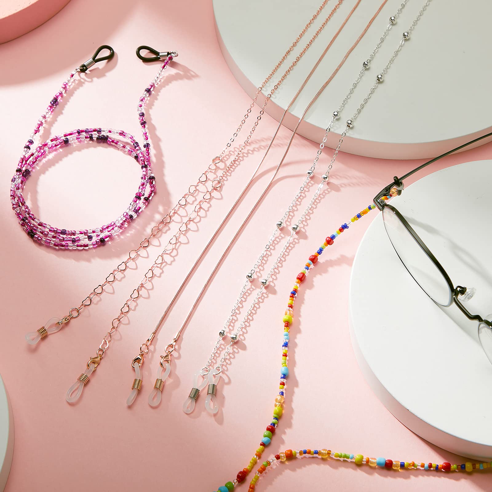 Weewooday 12 Pieces Eyeglasses Chains Beaded Sunglasses Strap Holder Elegant Necklace Holder Chain for Women(Rose Gold, Silver)