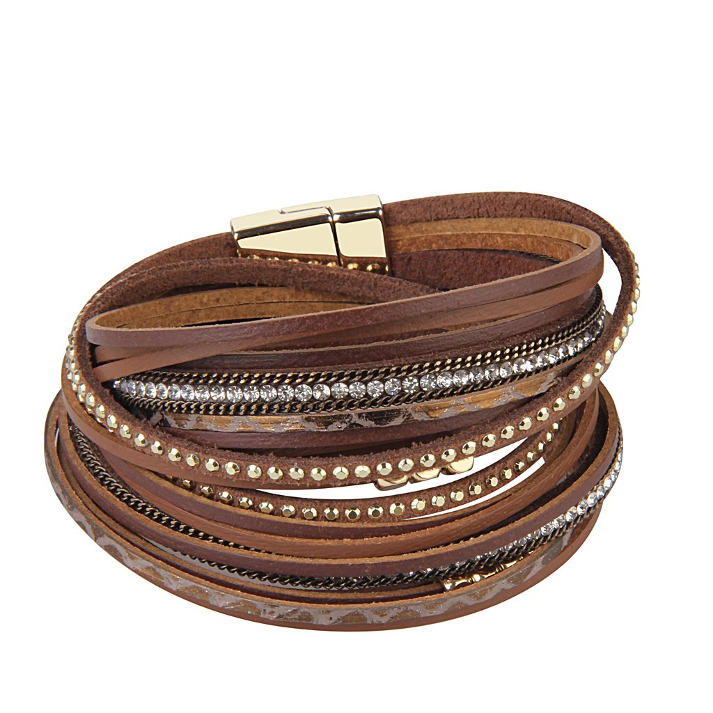 TASBERN Women Leather Wrap Bracelet in Goldplated Metallic Crescents and Crystal Cuff Bracelets for Ladies Christmas Gift (brown leather bracelet for women)