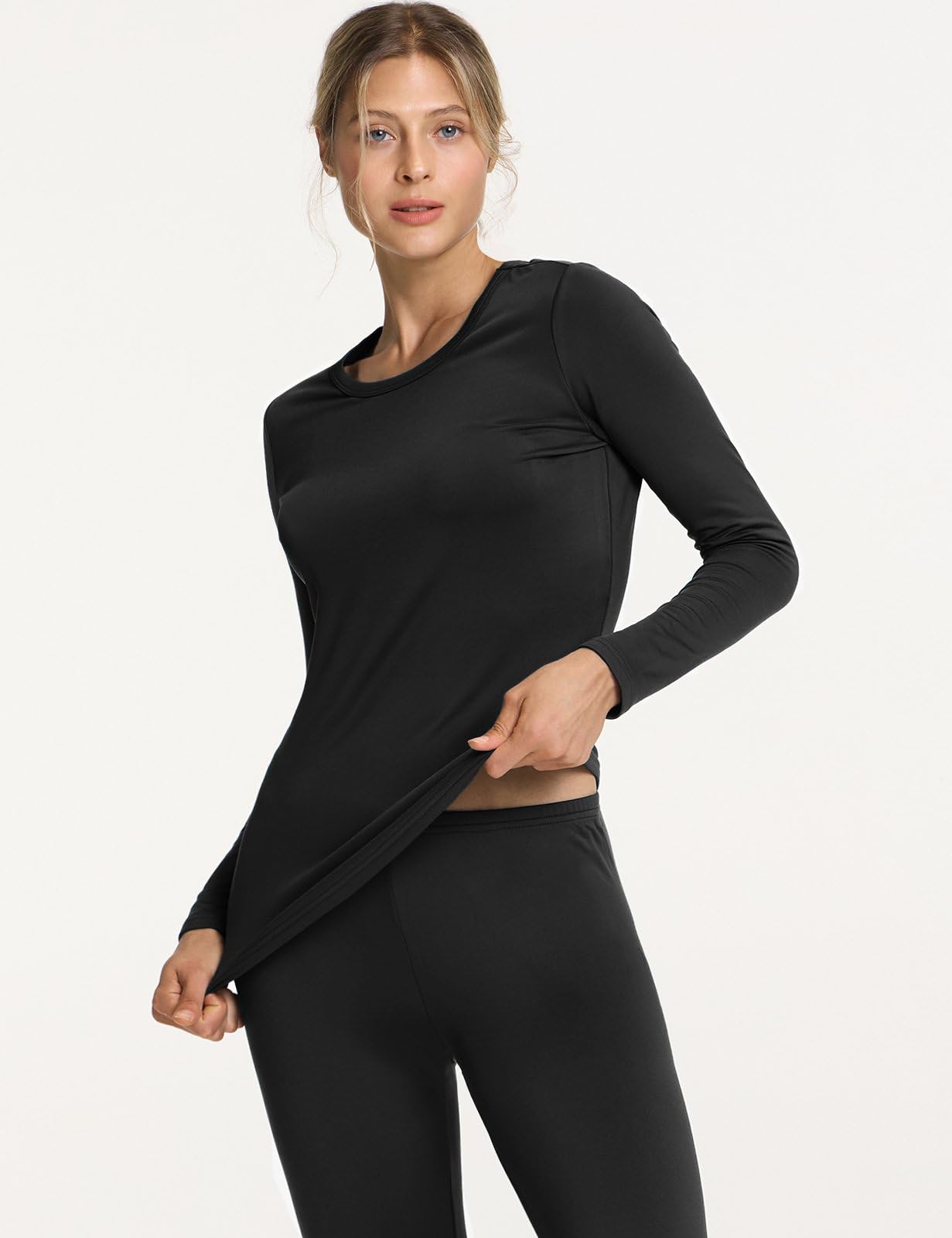 TSLA Women's Thermal Underwear Set, Soft Fleece Lined Long Johns, Winter Warm Base Layer Top & Bottom, Fleece Set Black, Small