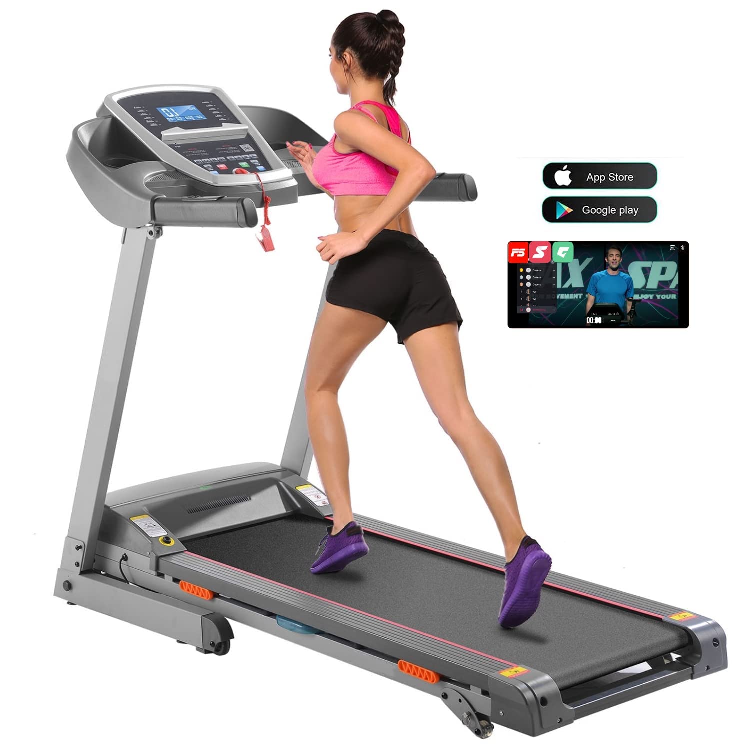Treadmill 300 lbs with Auto/Manual Incline for Home, 3.25 HP Folding Treadmill with APP, 9 MPH Running Machine for Home/Gym with Shock Absorber, Bluetooth Speaker/LCD/Pulse Monitor, 12 Programs (Gray)