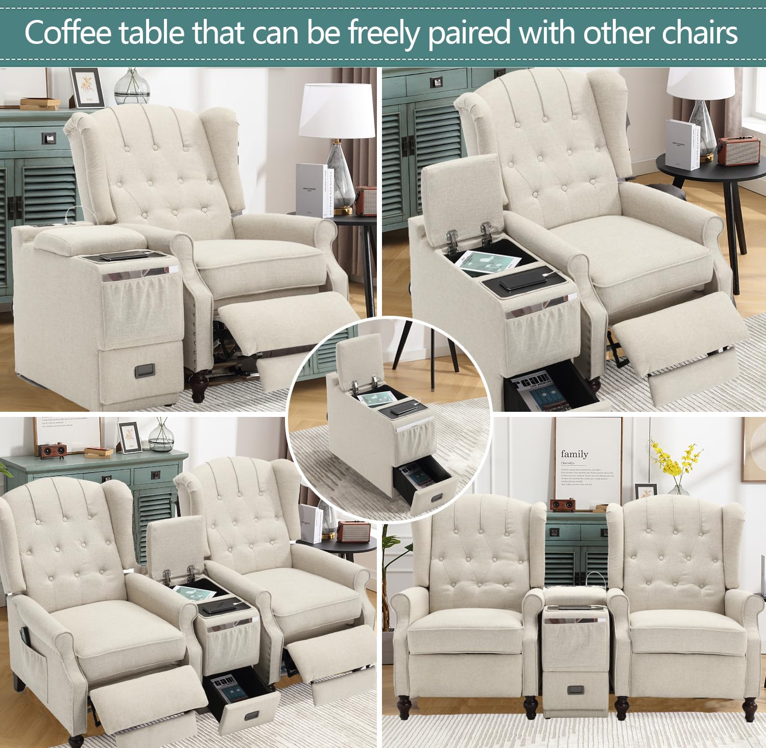 SAMERY Multi-Functional Recliner Side Table End Table Console with Cup Holders, Storage, Wireless Charging - Enhance Your Relaxation Zone! (Brown)