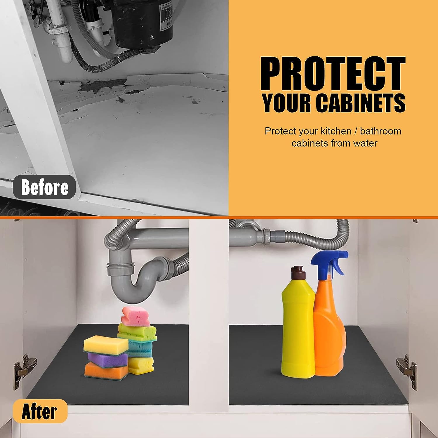 Under Sink Mats, 34" X 22" Or Smaller Cut to Fit Under Sink Shelf Liner for Kitchen Bathroom Cabinets, Absorbent & Drying Shelf Liner for Bathroom Vanity Cabinets, Dark Grey