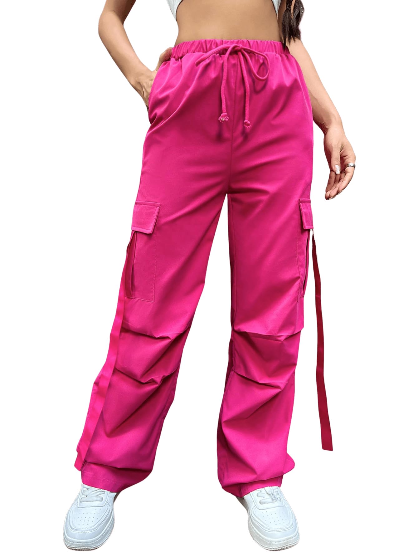 SweatyRocks Women's Casual Drawstring Waist Solid Cargo Pants High Waist Long Pants with Flap Pockets Hot Pink S