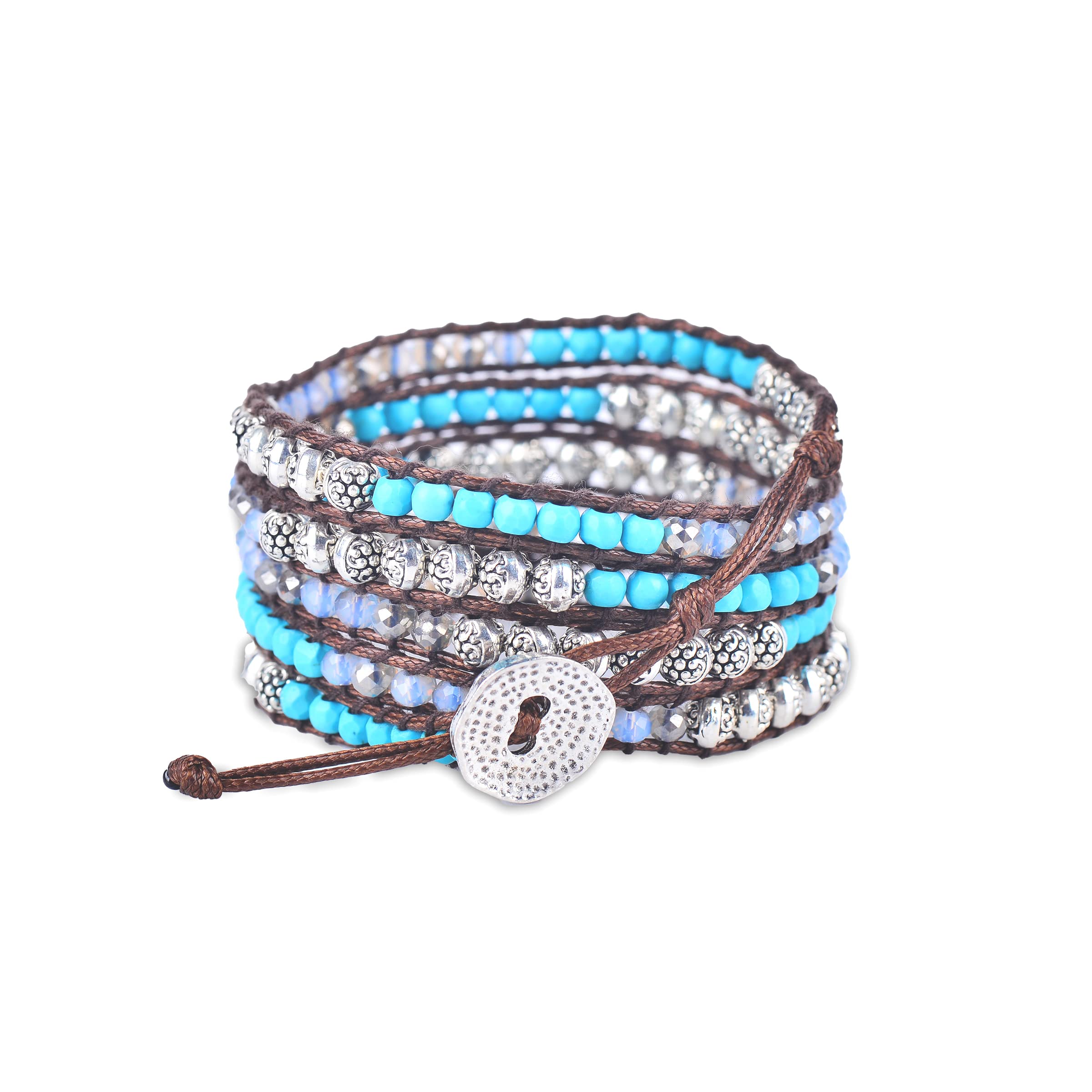 spirit wrist Turquoise Bead, Sky Crystals, Silver Zinc + Brown Kai Boho Wrap Bracelet