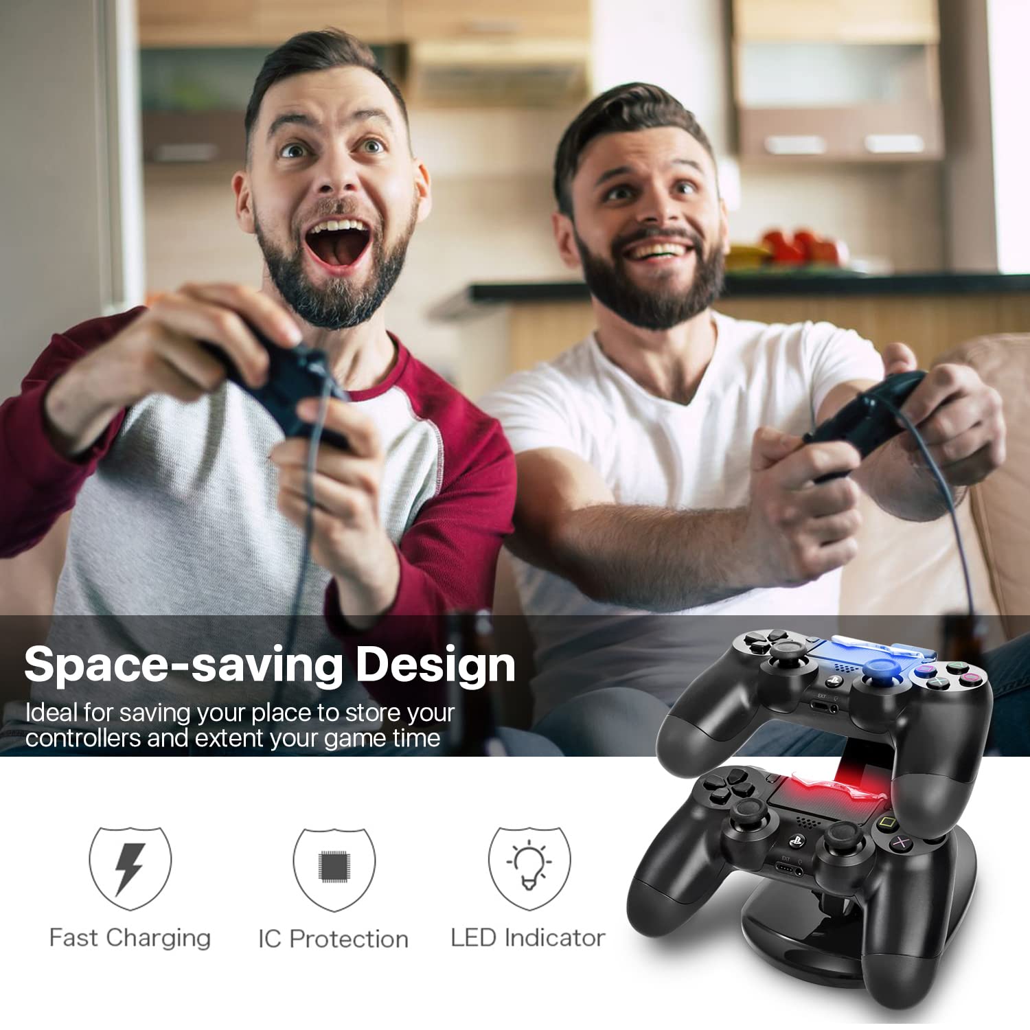 TNP PS4 Controller Charger - Dual Charging Station for Playstation 4 Controller Charger with LED Indicator and IC Protection - Fast Dual USB Dualshock 4 Charger Stand