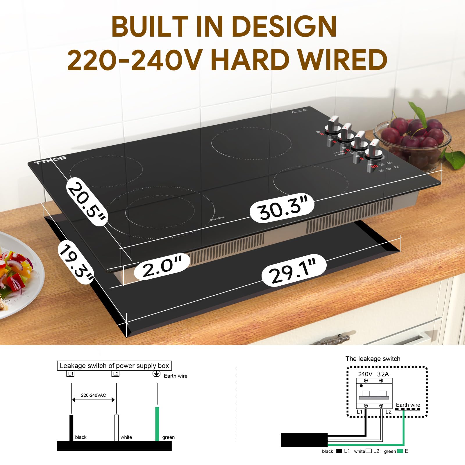 TTHOB Electric Cooktop 30 Inch, 4 Burners Electric Stove Top 220-240V 6600W Built-in Radiant Expand Outer Heating Rings, Timer, Child Lock, Residual Heat Indicator, Knob Control, Hard Wired, No Plug
