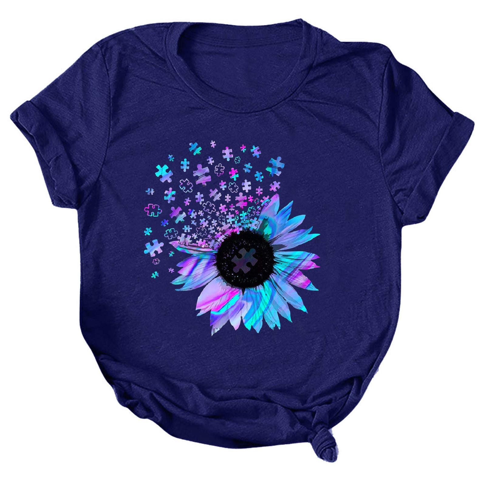 Summer Tops for Women Casual Short Sleeve Loose Fit Sunflower Graphic Tees Vintage Shirts Blouses (Medium, Blue)