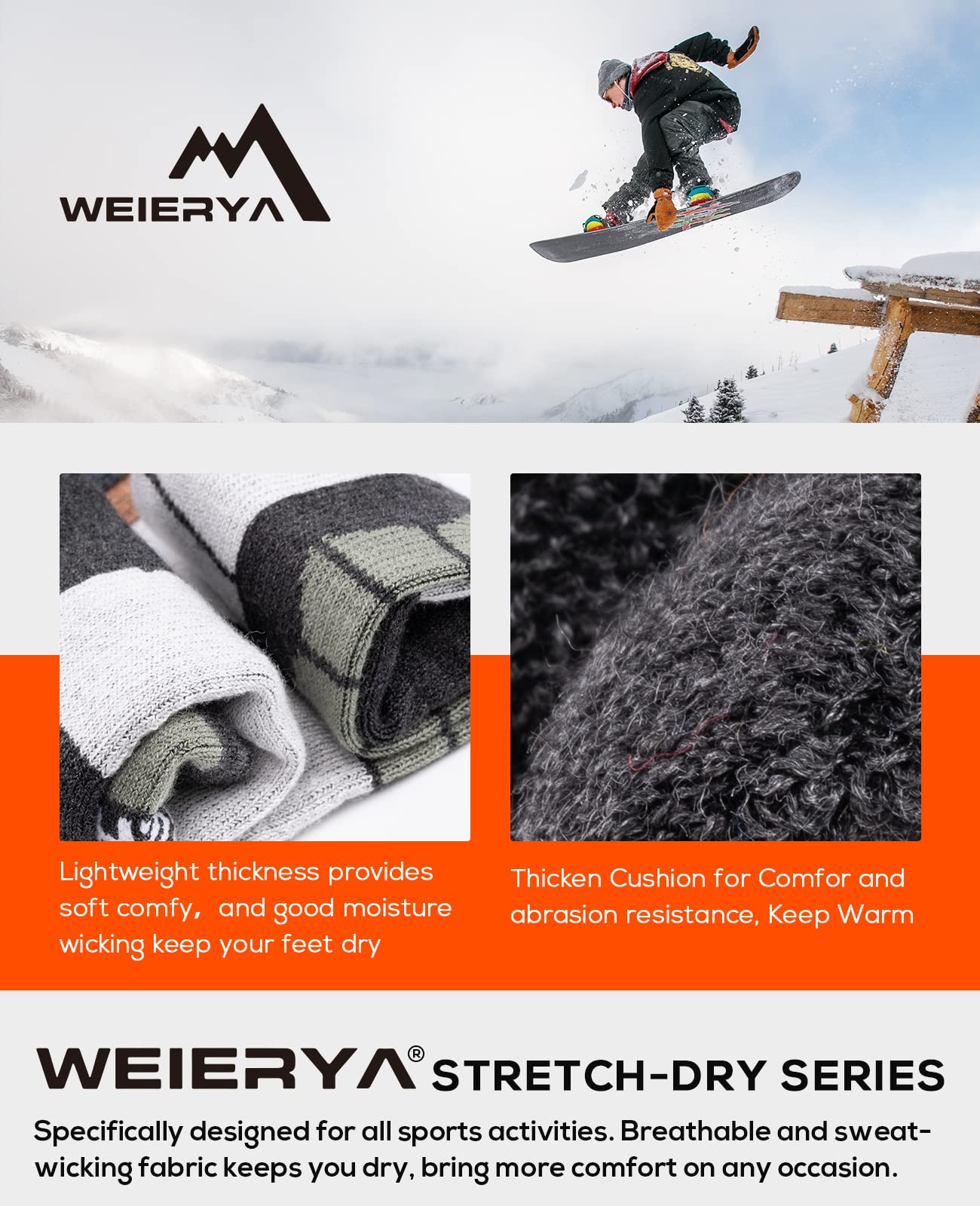 WEIERYA Ski Socks 2-Pack Merino Wool, Anti-Pilling Wool Skiing Socks, Suitable For Men & Women Darkblue M