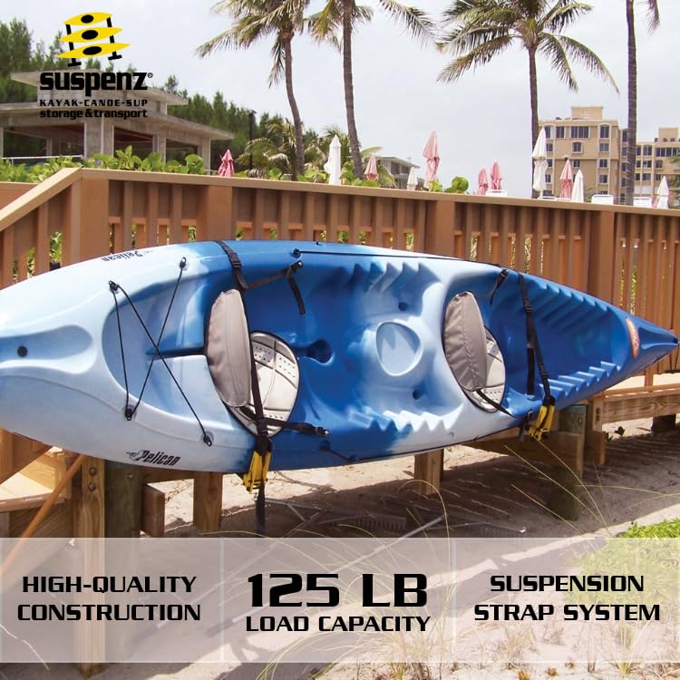 Suspenz Deluxe Kayak Canoe SUP Storage Rack, Adjustable Wall Hangers/Hooks, Indoor & Outdoor Use, Safety Straps, Stores Boats Up to 125 lbs (11-0111)