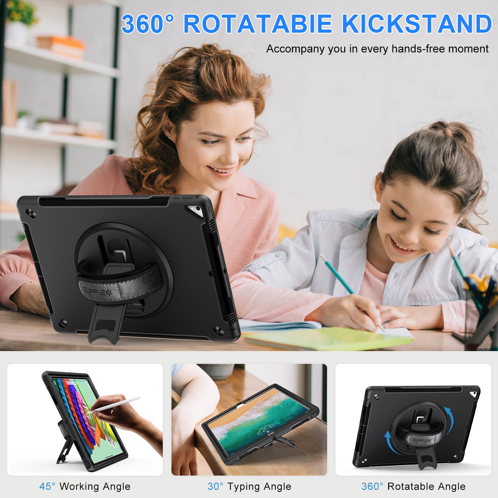 SUPFIVES Case iPad Pro 12.9 2015/2017: iPad 12.9 Inch 1st/ 2nd Generation Case Upgraded Military Grade Shockproof Silicone Protector with Pencil Holder+ Handle+ Shoulder Strap+ Rotating stand, Green