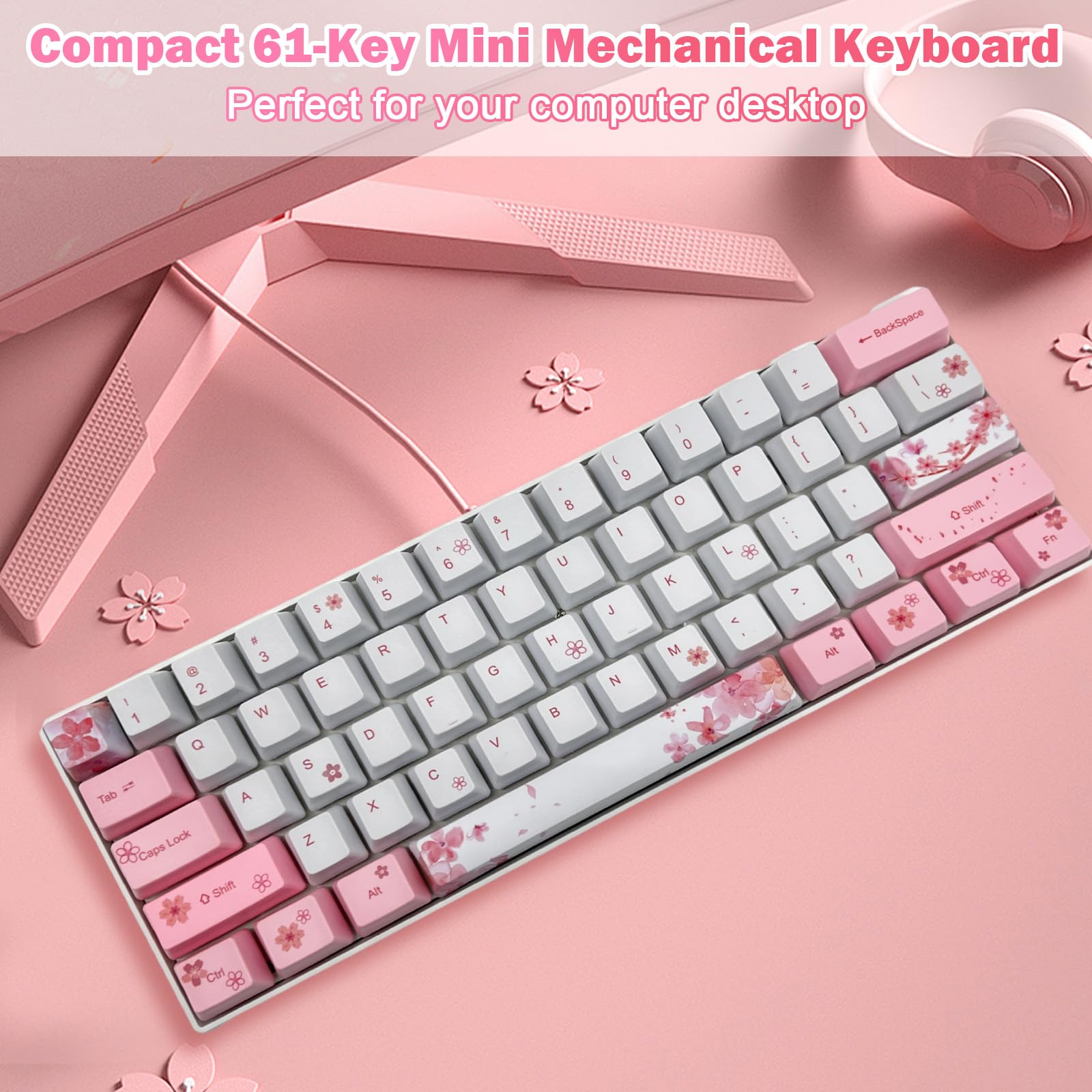 ZMX Cherry Blossom Pink Mechanical Gaming Wired Keyboard,61 Keys Mini OUTEMU (Gaote) Hot Swappable Heat Sublimated PBT Type-C Ergonomic Design Gaming Keyboard for Windows/Mac/Android (Black Switch)