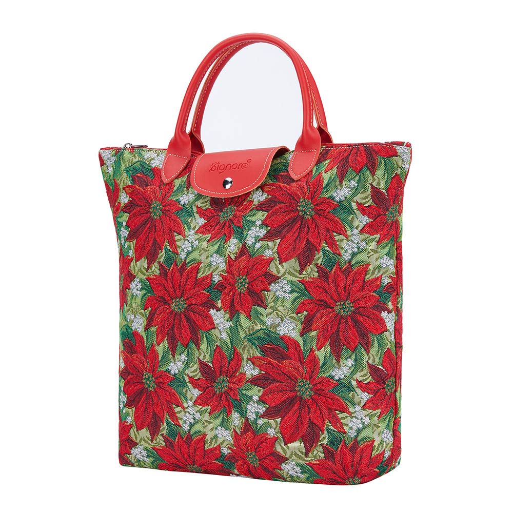 Signare Tapestry Foldable Tote Bag Reusable Shopping Bag Grocery Bag With Xmas Poinsettia Design (FDAW-XMAS-POIN)