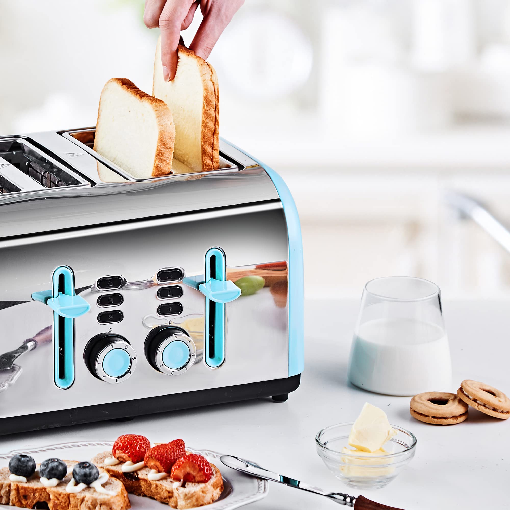 Toaster 4 Slice, CUSINAID 4 Wide Slots Stainless Steel Toasters with Reheat Defrost Cancel Function, 7-Shade Setting, Blue