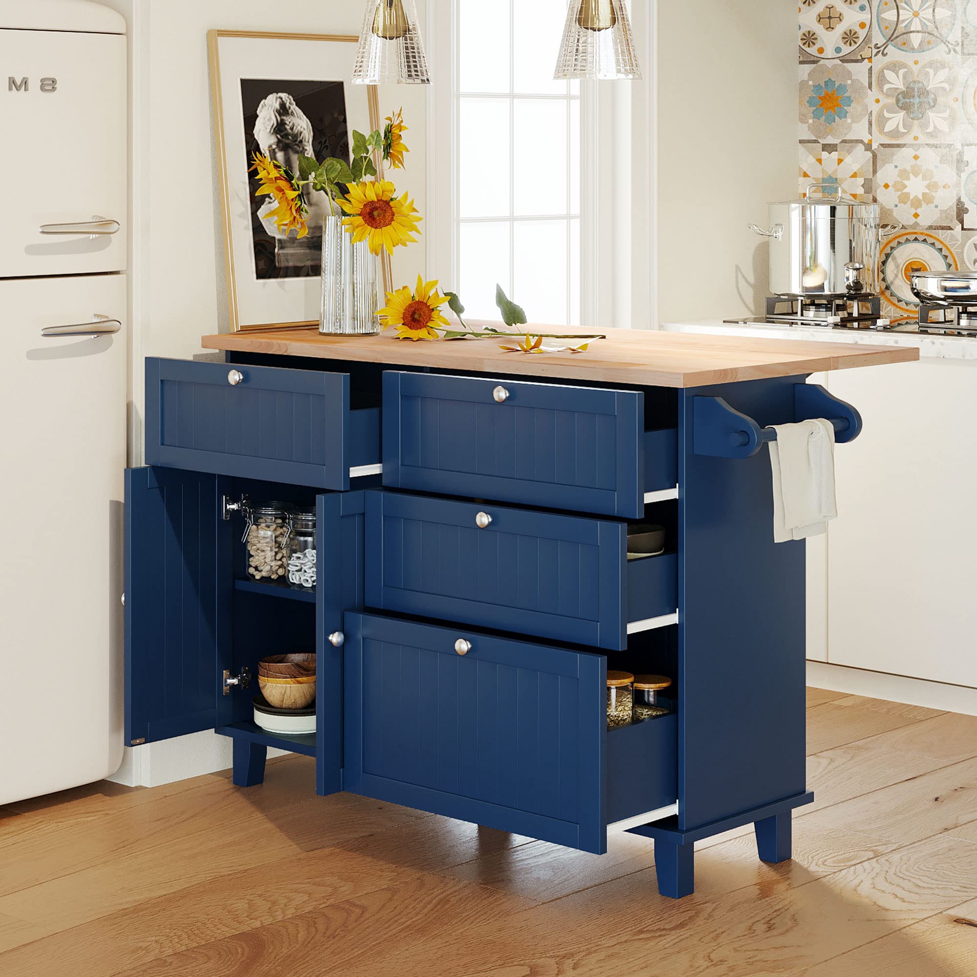 TARTOP Kitchen Island Set with 2 Stools, Solid Wood Dining Table with Drop Leaf Design, Storage Cabinet, Drawers and Towel Rack, 50.3" x 29.5",Blue