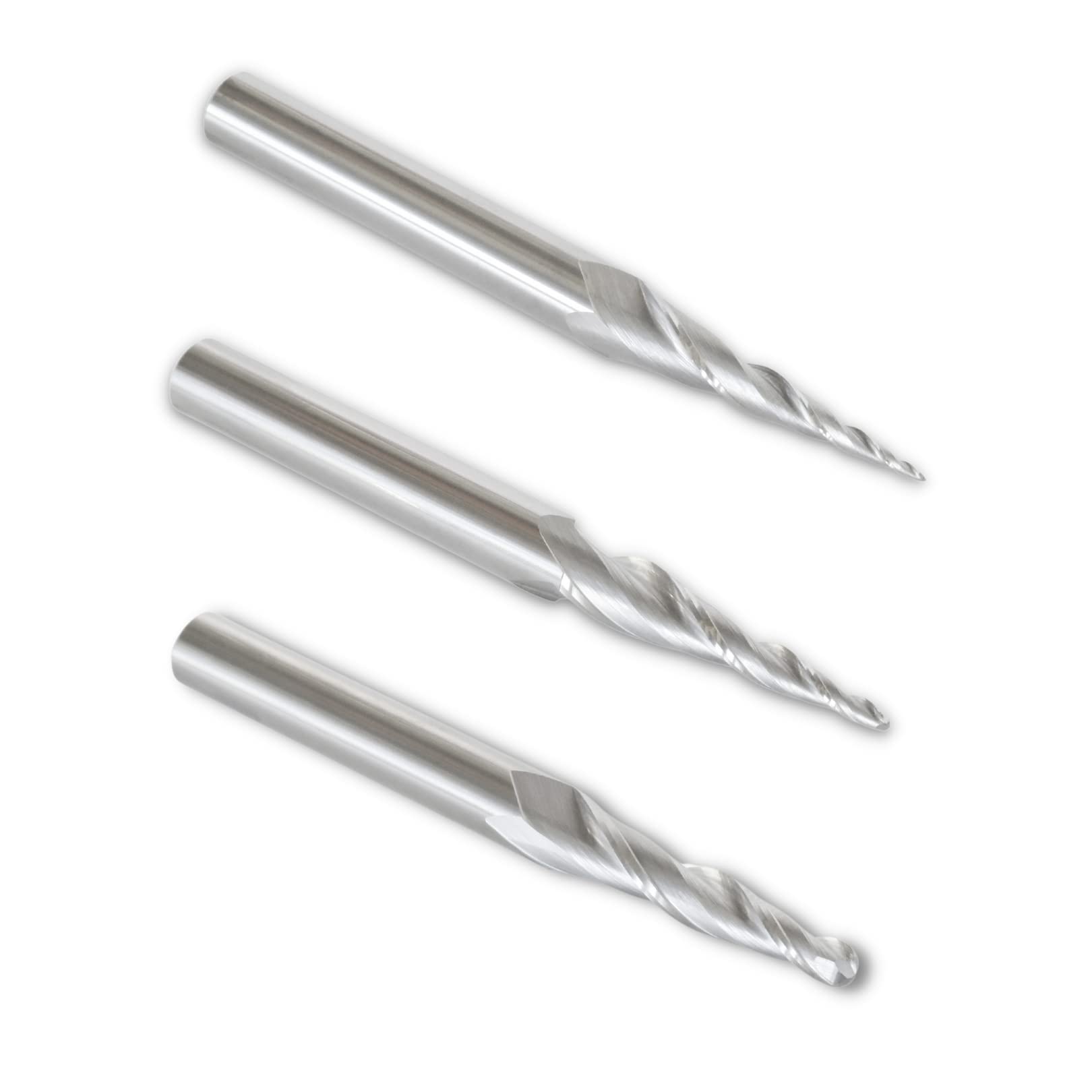 ROUTYBITS - 3 Pcs Tapered Ball Nose Router Bit Set - 1/32โ, 1/16โ, 1/8โ Tip Diameter, 1/4 Inch Dia Shank, Solid Carbide, Spiral End Mills for 3D CNC Carving of Wood, Plastic, Soft Metal