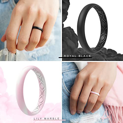ThunderFit Silicone Wedding Rings for Women, Breathable Air Grooves Engagement Bands 3mm Wide 1.5mm Thick - 1/4/8/12 Variety Multipack (Pack W - Size 6.5-7 (17.35mm))