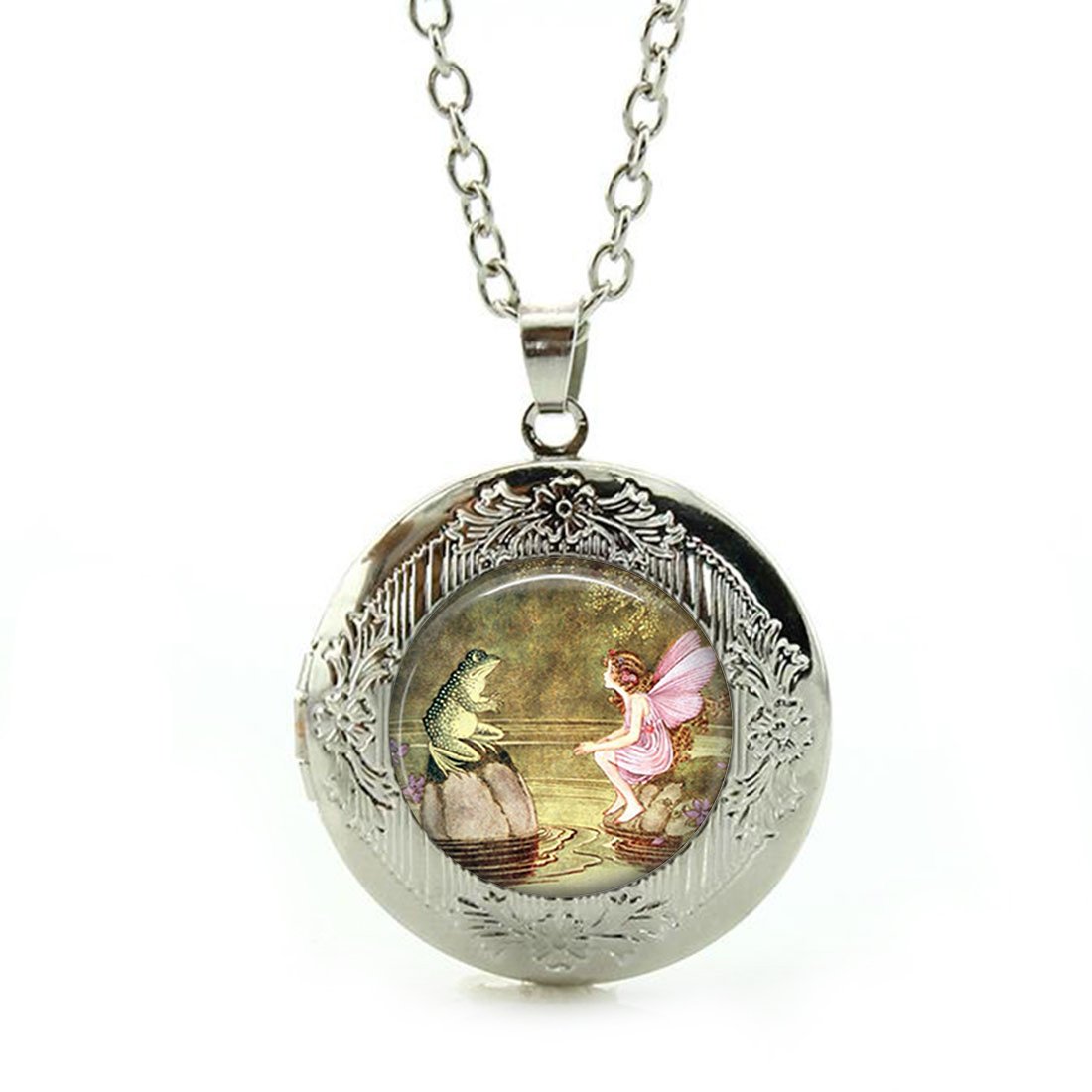 Women's Custom Locket Closure Pendant Necklace Frog and Fairy Fairy Tale Pixie Fantasy Art Included Free Silver Chain, Best Gift Set