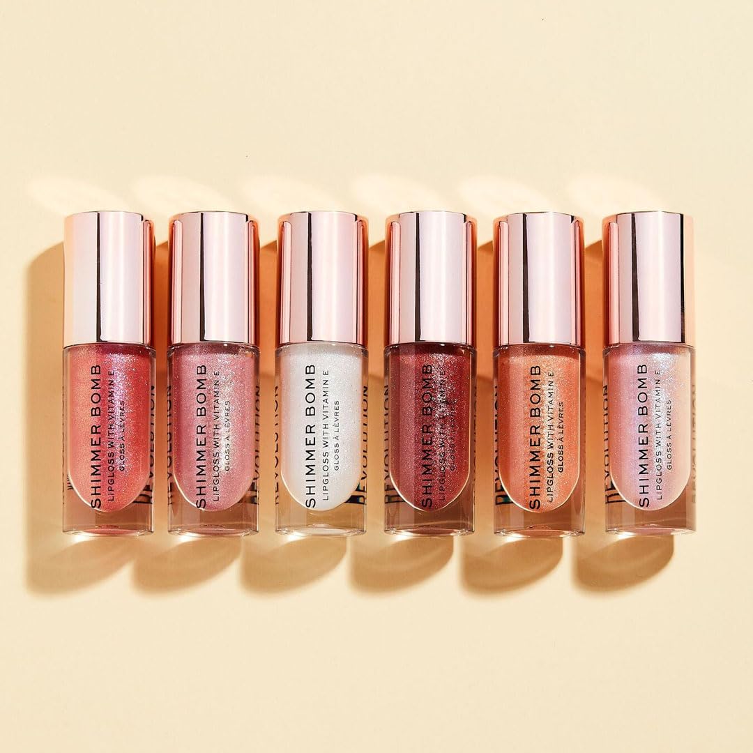 Revolution Shimmer Bomb Lip Gloss, Lip Tint Infused With Vitamin E, Shimmery Finish, Comes In 6 Colors, Gleam