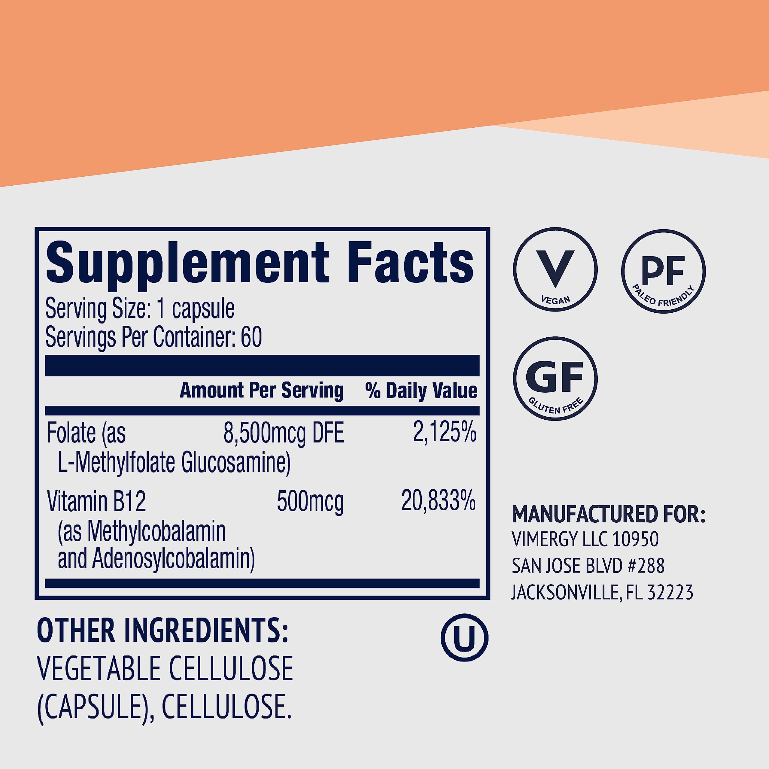 Vimergy 5-MTHF, 60 Servings – Highly Absorbable Capsules – Supports Brain Health & Cognitive Function – Healthy Mood Support Supplement* - Non-GMO, Gluten-Free, Vegan & Paleo Friendly (60 Count)