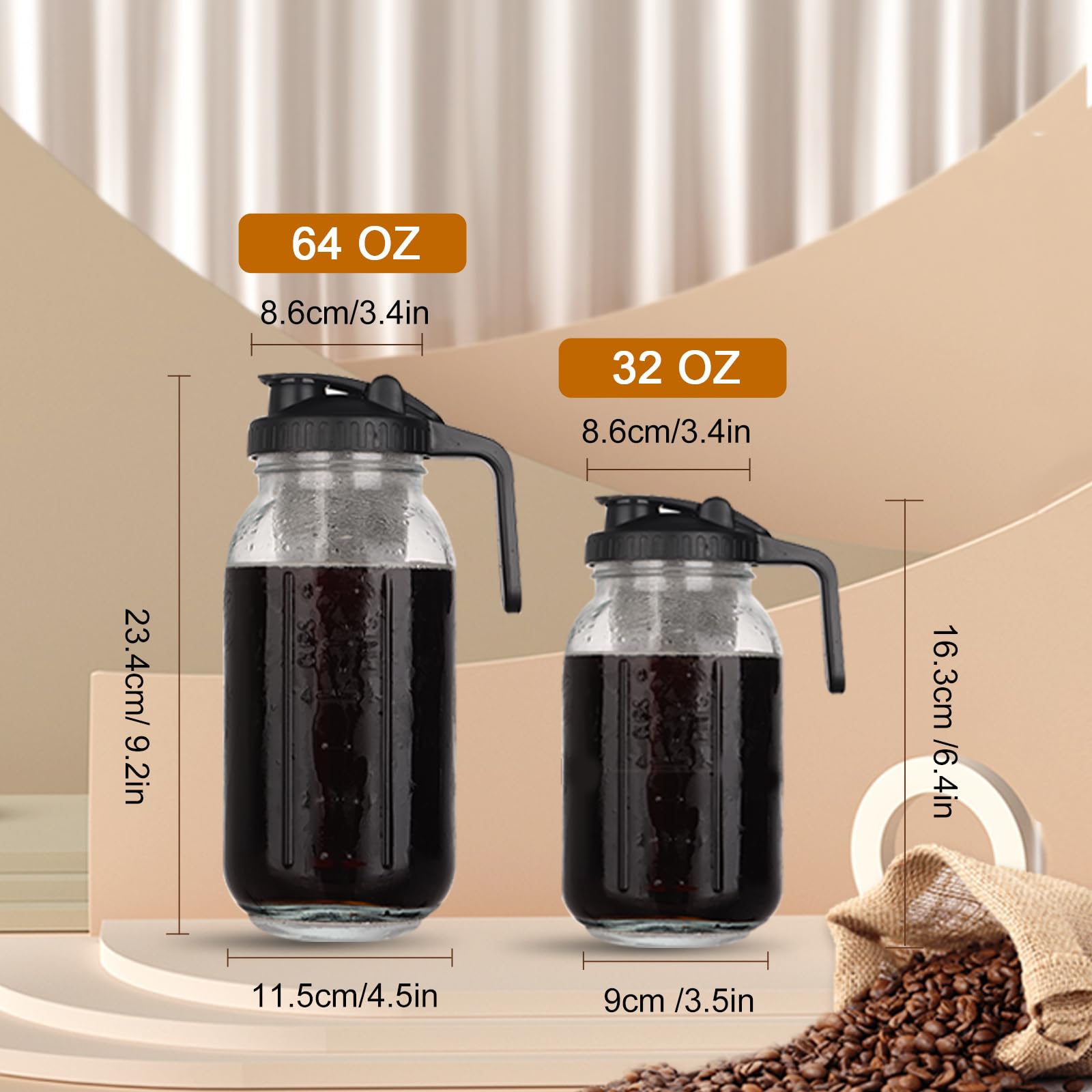 SCIDEA Cold Brew Iced Coffee Maker, 1 Quart 32oz Mason Jar Thick Durable Glass with Stainless Filter for Iced Coffee, Tea, Fruit Drinks, with Pour Spout Lid, No Leak Design