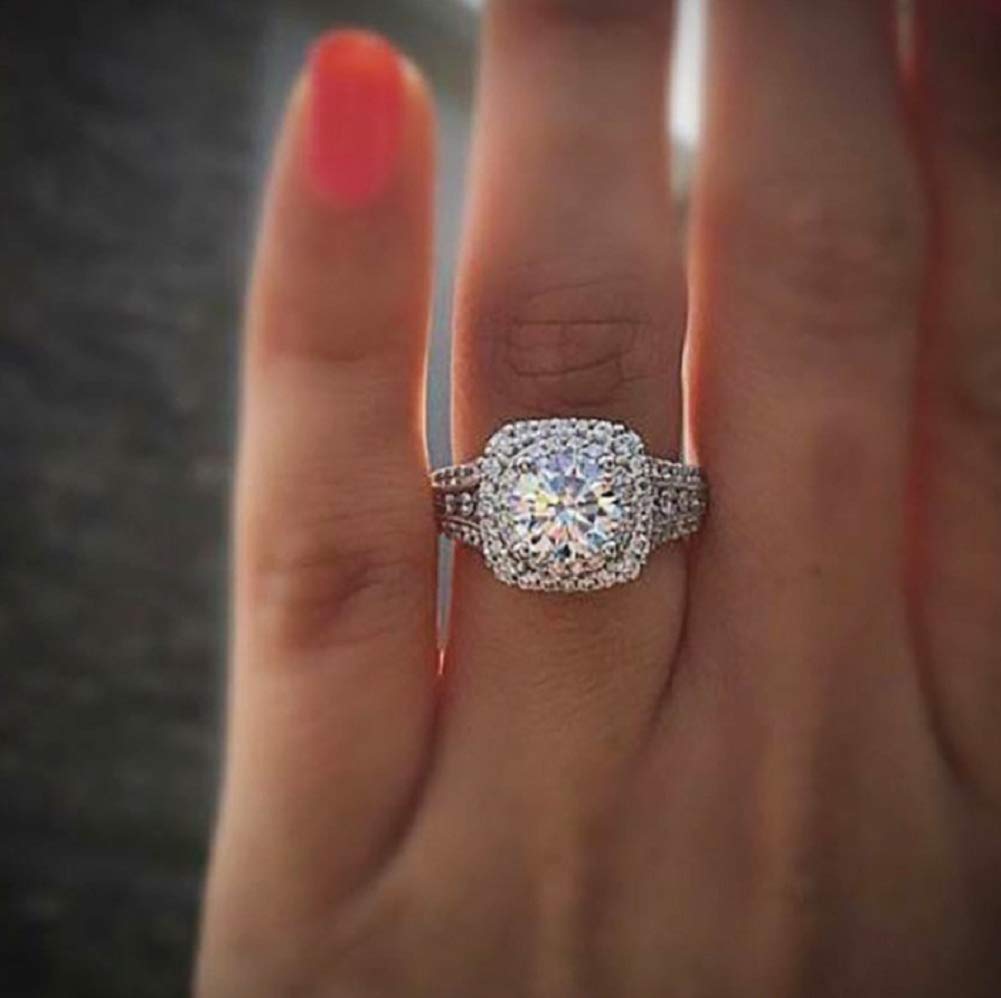 Wenbin New Princess Square Simulation Diamond Ring Double-Layer Super-Flash Zircon Ring Cubic Zirconia Promise Halo Engagement Wedding Band Ring for Women Size 6-10" (US 8)