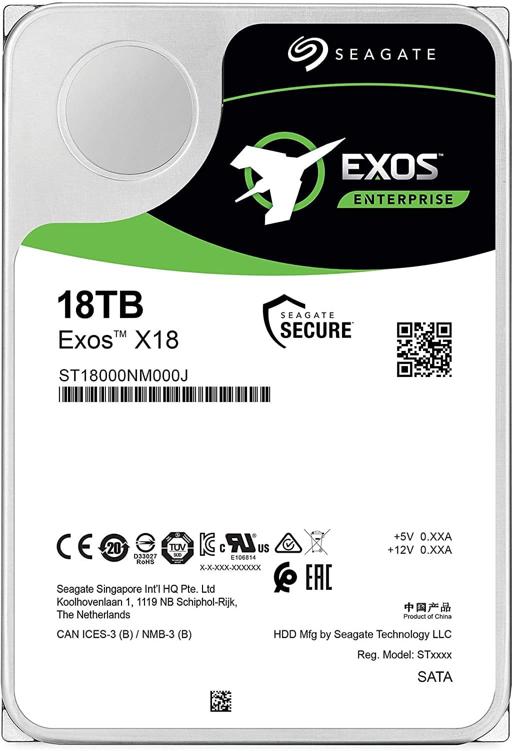 Seagate Exos X18 18TB Enterprise HDD - CMR 3.5 Inch Hyperscale SATA 6Gb/s, 7200 RPM, 512e and 4Kn FastFormat, Low Latency with Enhanced Caching (ST18000NM000J)