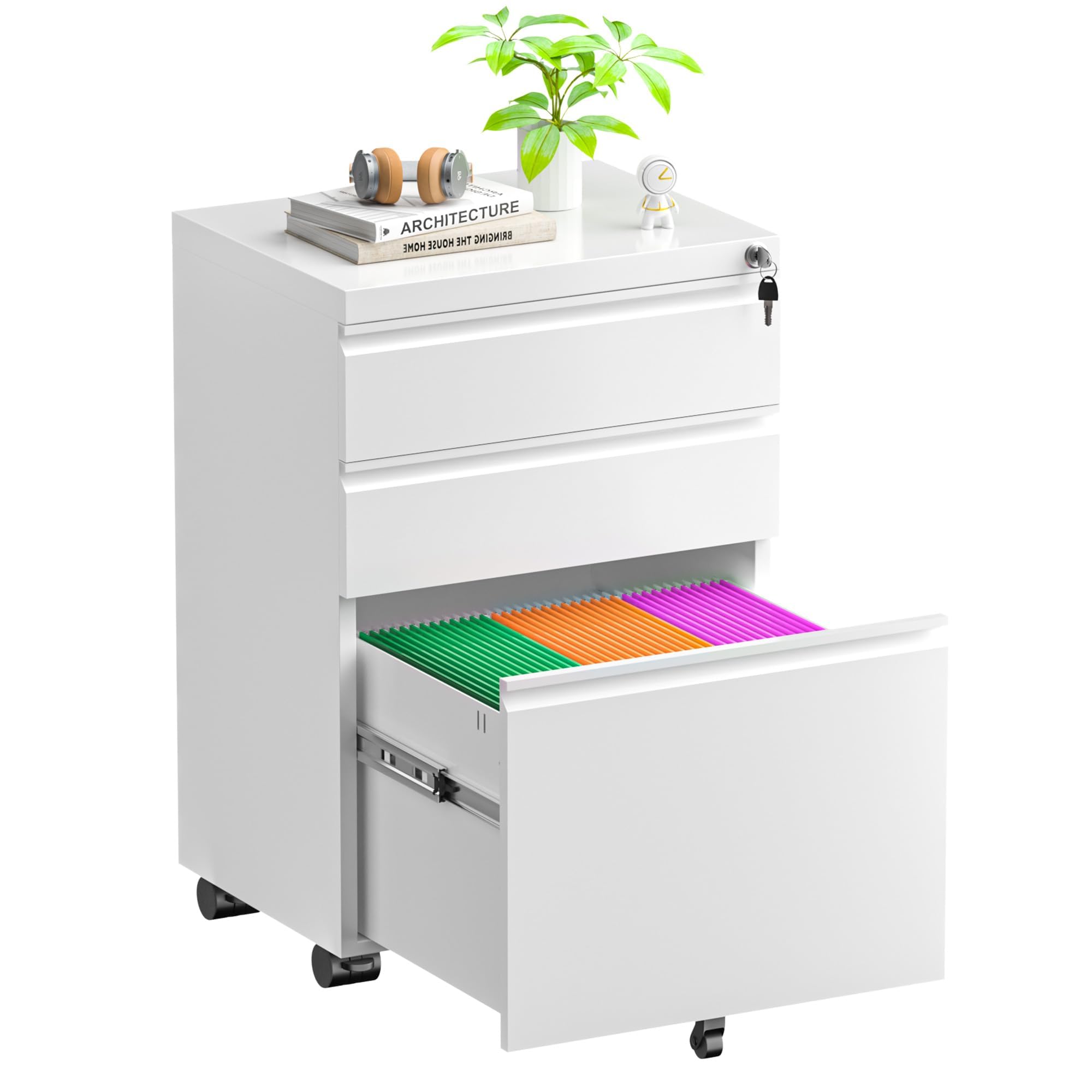 Superday White 3 Drawer Mobile Locking File Cabinet, Metal Rolling Vertical File Cabinet with Drawers, Small Under Desk Lateral Cabinet for Office and Home, Fully Assembled Except Wheel