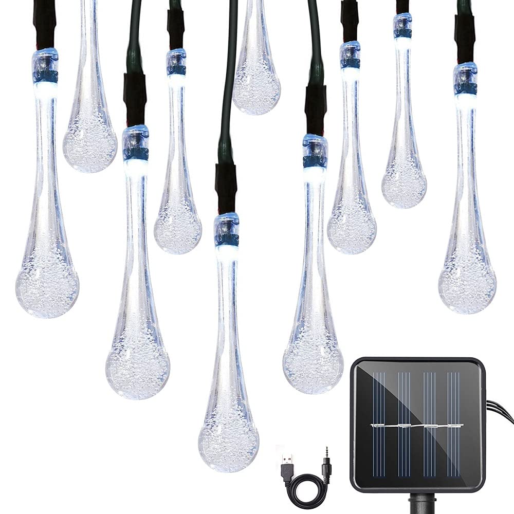 SKYFIRE Updated Version Solar Waterdrop String Light - Two-Way Charging ( Solar & USB Charge ) Waterproof Fairy Lights - 20ft 30LED White String Lights for Home, Garden Decorations