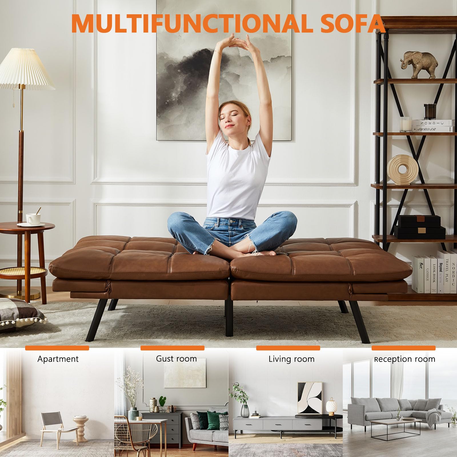 Sweetcrispy Futon Sofa Bed - Leather Sofa Futon Couch, Memory Foam Couch, Convertible Loveseat for Living Room, Leather, Brown