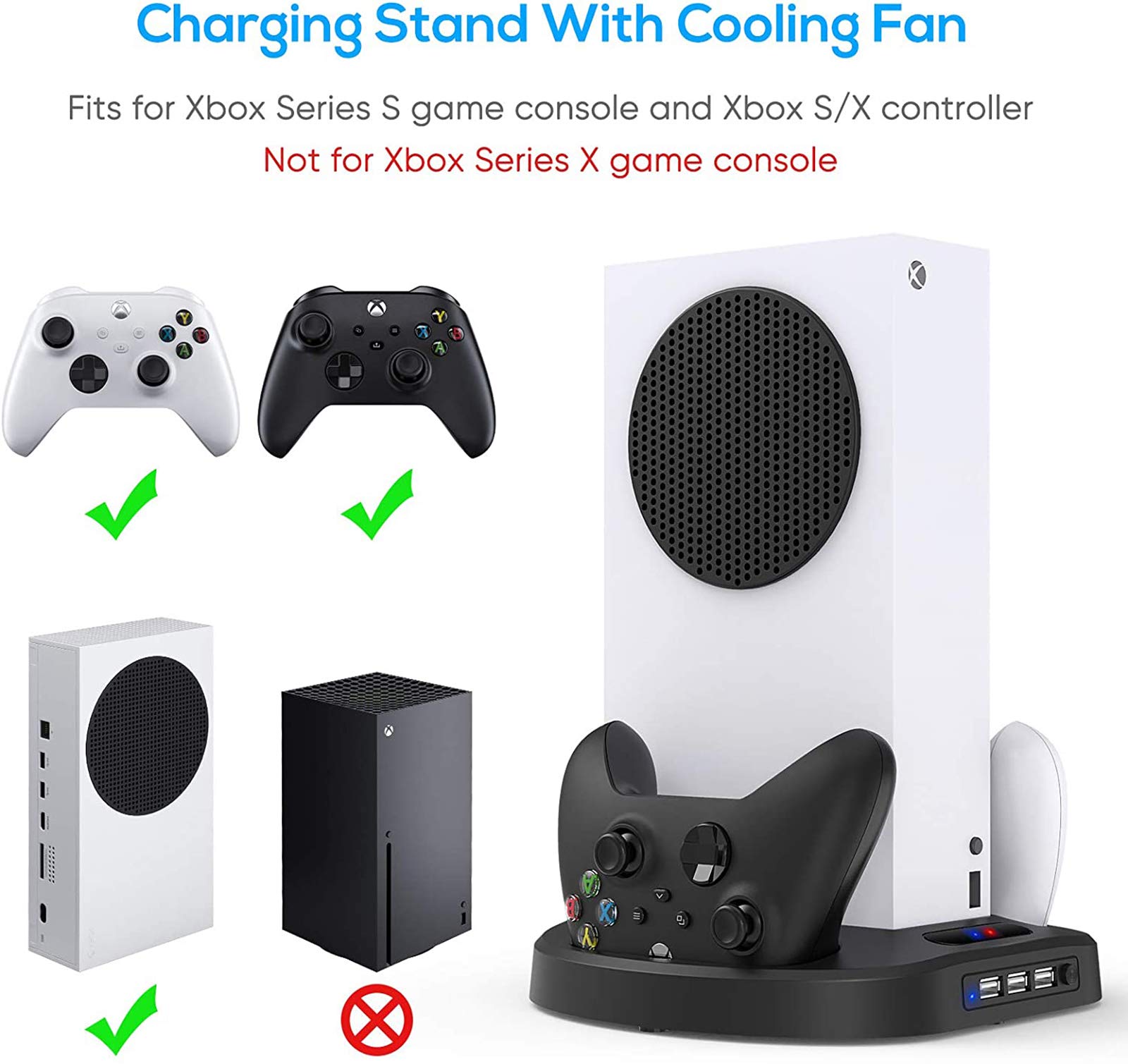 T&A Vertical Stand for Xbox Series S with Cooling Fan Xbox Series S Stand Controller Charge Station with Dual Controllers EXT Port Charger Dock and 3 USB HUB, BLACK