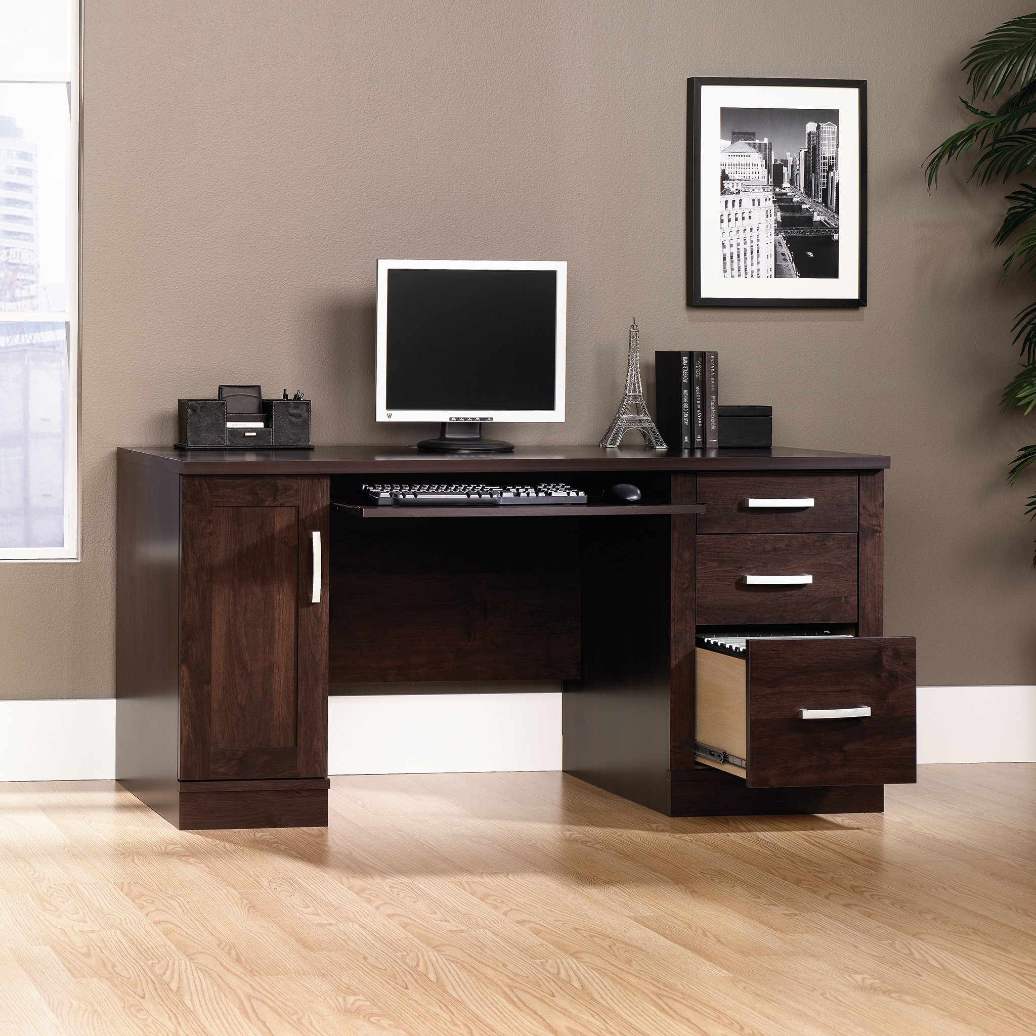 Sauder Office Port Credenza, Dark Alder finish