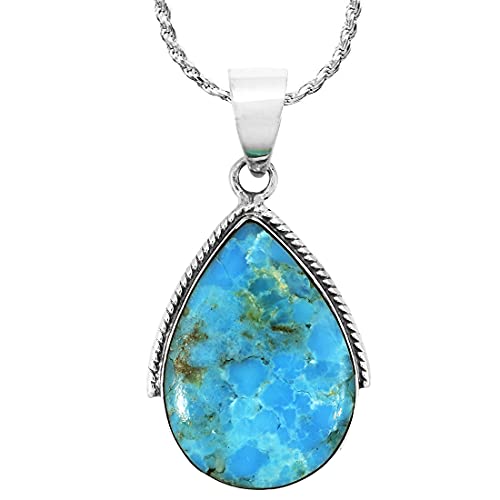 Turquoise Necklace Pendant 925 Sterling Silver Genuine Gemstones (with 20" Rope Chain) (Turquoise)