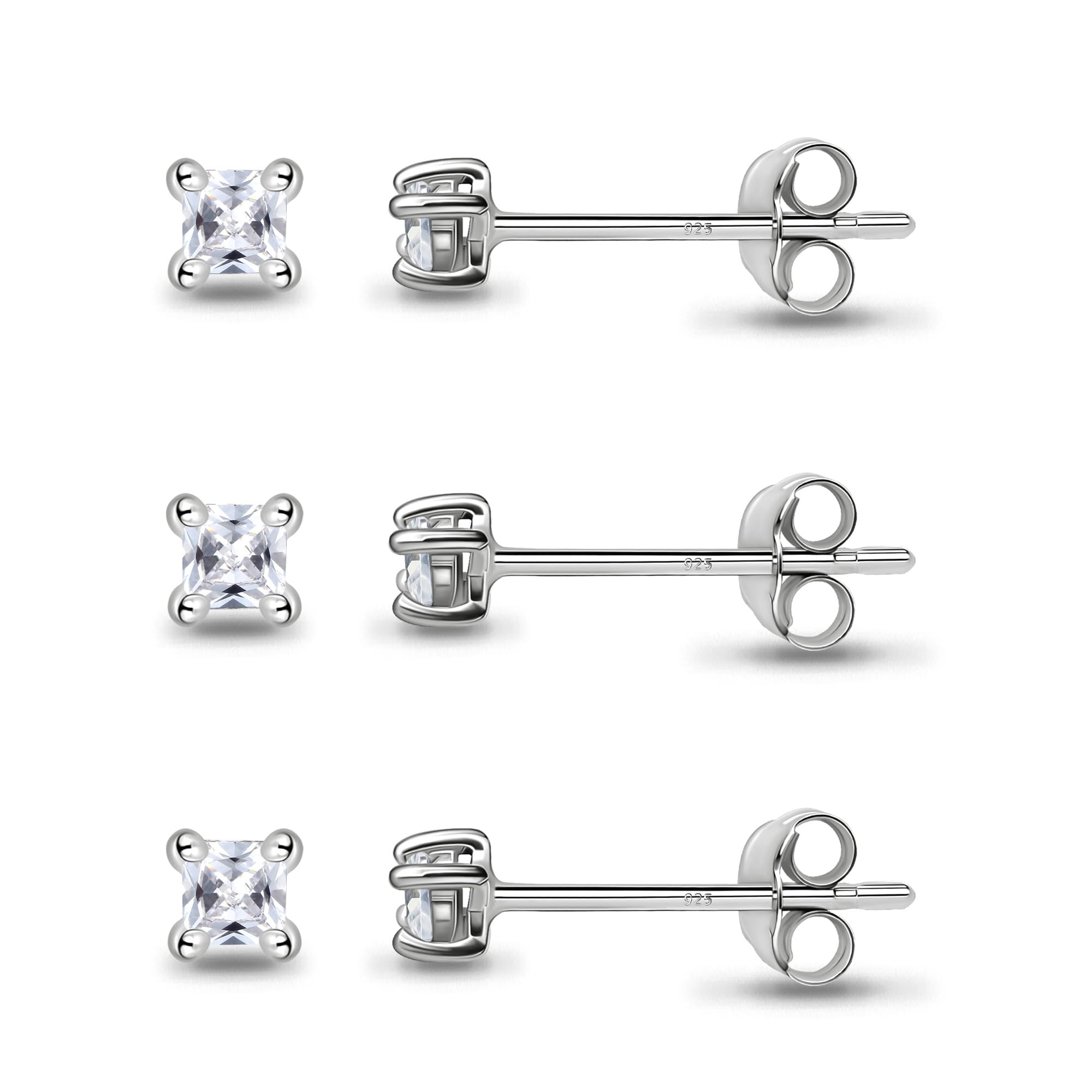 Tiny Small Stud Earrings Set Sterling Silver Princess-Cut Square Tiny Cubic Zirconia 2mm CZ Earring for WoMen Men, Set of 3 Pairs for Multiple Piercings