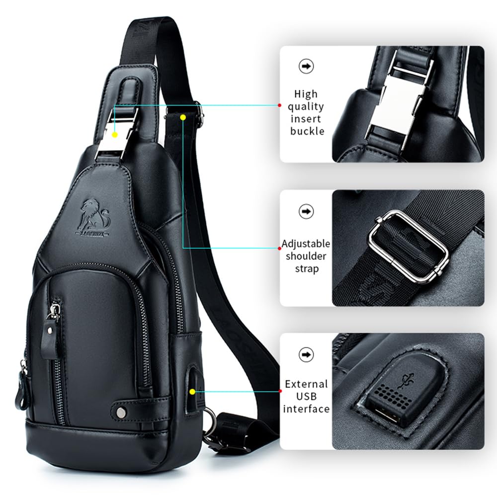 pundarika Leather Sling Bag for Men,small Crossbody Shoulder bag for men,men’s shoulder pack crossbody sling backpack.-black