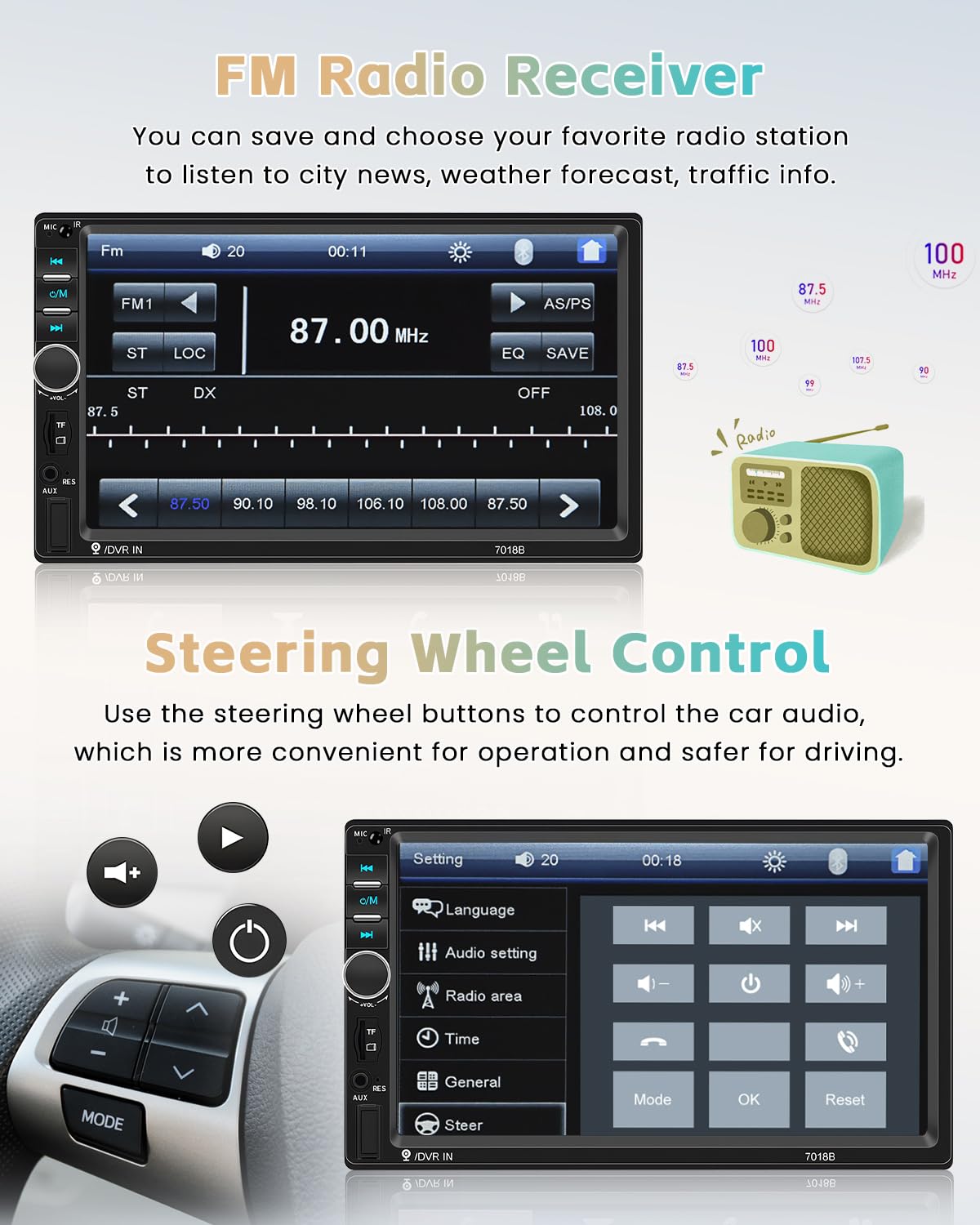 Roinvou 7'' Car Stereo Double Din Radio Touchscreen with Backup Camera Multimedia Car Audio Receivers Support Mirror Link, Bluetooth, FM Radio, TF/AUX/USB Input, Remote Control
