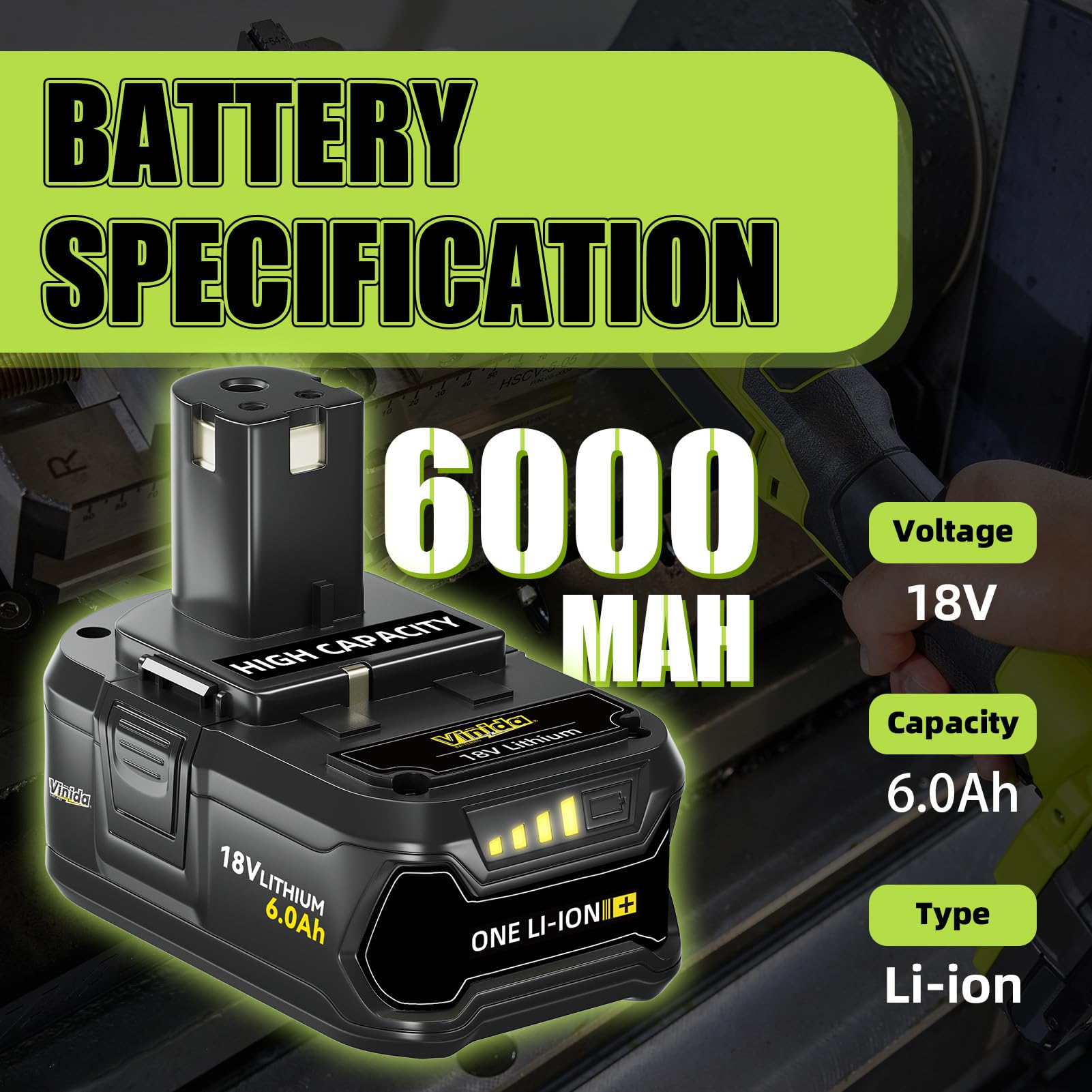 VINIDA 2Pack 6.0Ah 18V P108 Battery Replacement for Ryobi 18V Battery Lithium Compatible with Ryobi Battery P102 P104 P109 Cordless Power Tools