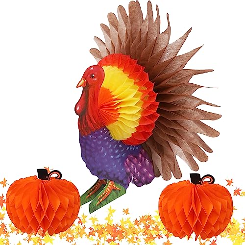 yosager 3 Pack Thanksgiving Table Decorations Tissue Turkey and Pumpkin, Honeycomb Decor Thanksgiving Centerpiece Party Accessory Table Supplies