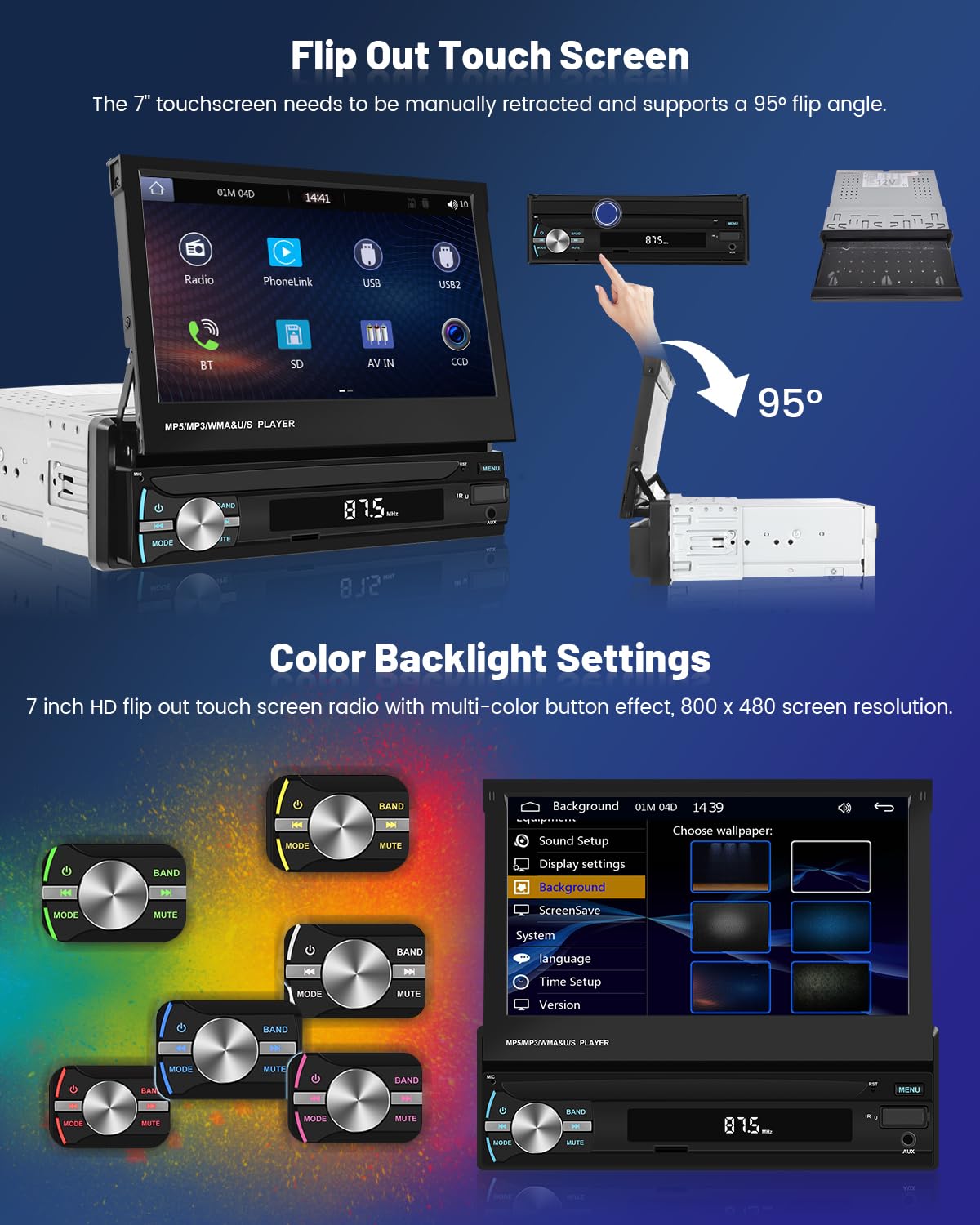 Roinvou Single DIN Car Stereo with Wireless Carplay Android Auto, 7'' Retractable Touch Screen Bluetooth Car Radio Support Mirror Link, Remote Control, FM/AUX-in/SWC/MIC, Multi-Color Button Lights