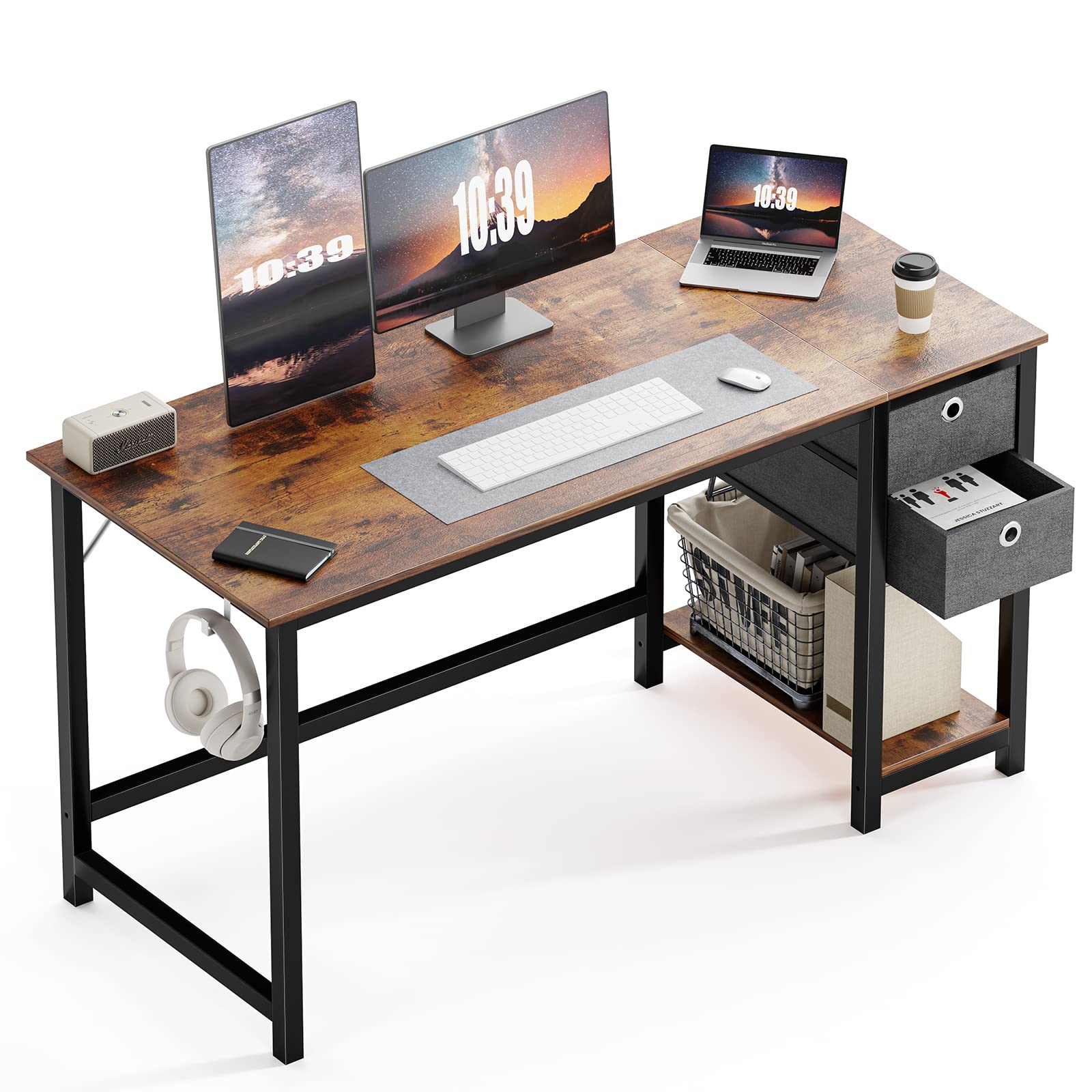 Sweetcrispy Computer Desk with Drawers 55 Inch Home Office Desk Writing Desk Work Desk PC Table Study Desk with 2-Tier Drawers Storage Shelf Side Hook, Modern Style Large Wood for Bedroom, Gaming