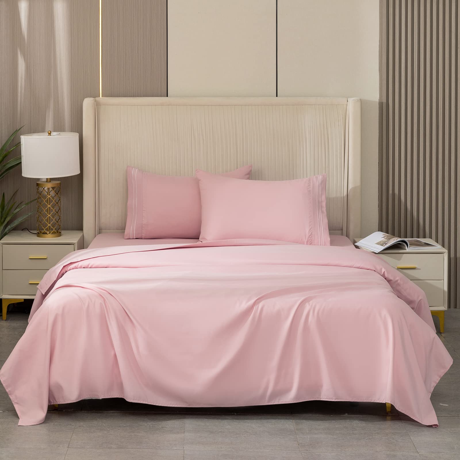 REDKEY Full Size Sheet Pillowcase Set - 4 Piece Soft Bedding Sheets & Pillowcases Sets Luxurious Deep Pocket Full Bed Sheets Pillowcase with Envelope Closure (Full,Baby Pink)