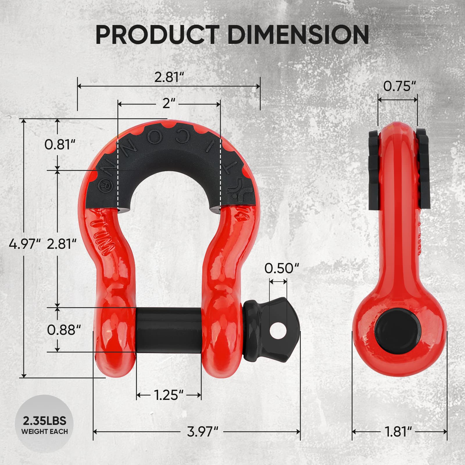 TICONN 2 Pack D Ring Shackle with 7/8" Screw Pin 57,000Ibs Break Strength, 3/4" Heavy Duty Shackles with Isolator & Washers for Tow Strap Winch Off Road Vehicle Recovery (Red/Black2)