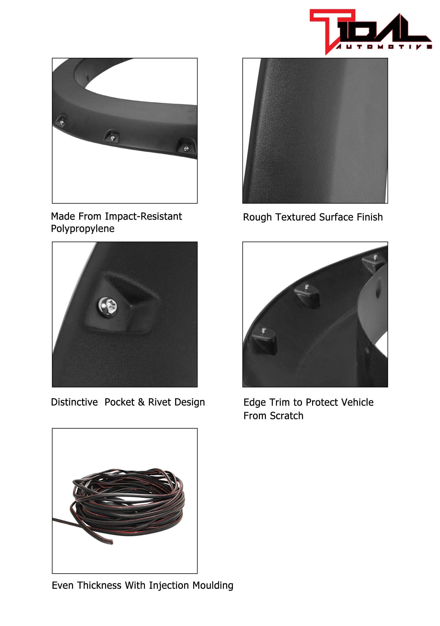 Tidal Fender Flares Matte Black Pocket Bolt-Riveted Style Fender Flare Fit for 18-20