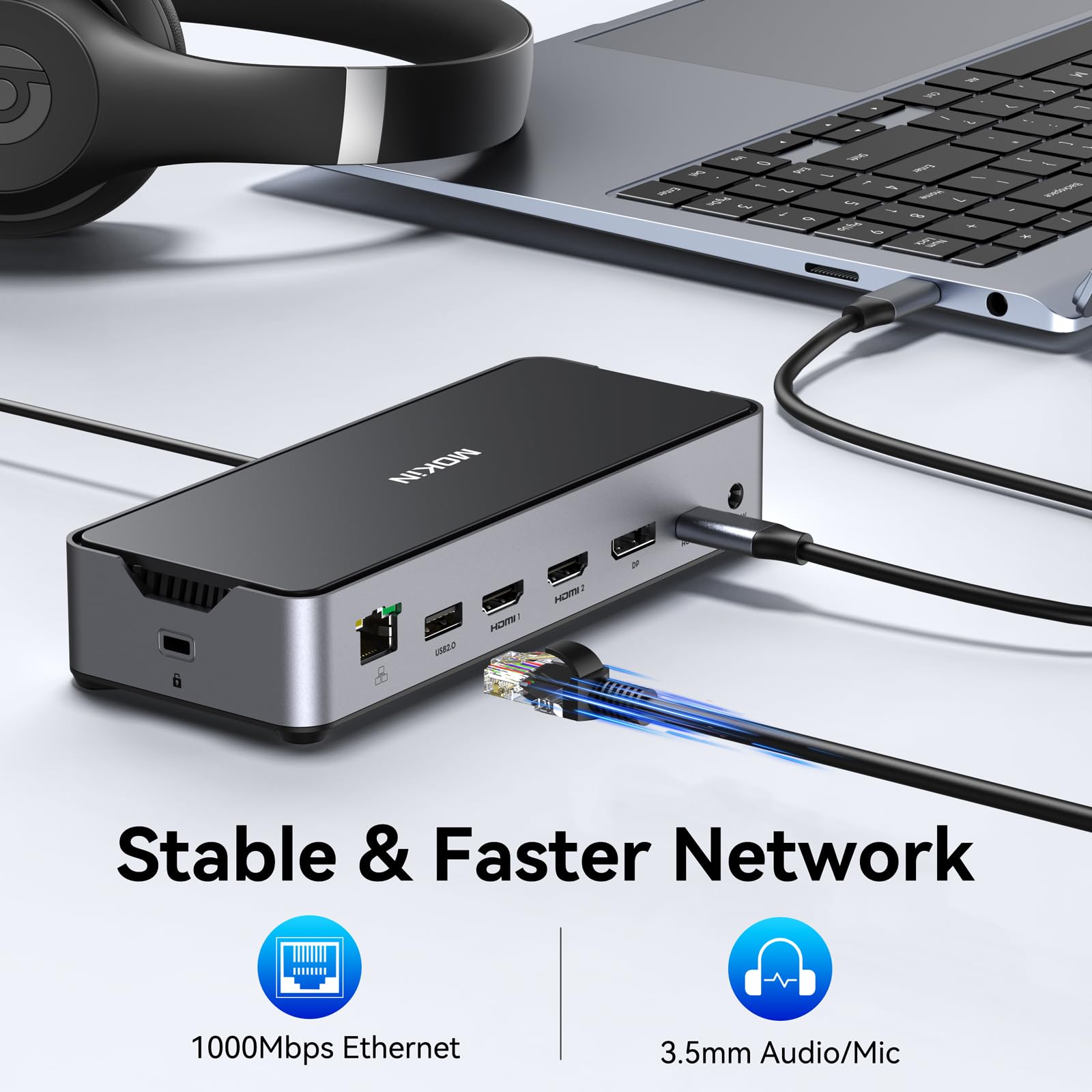 USB C Docking Station 3 Monitors Laptop USB C Dock Dual Monitor with 2 HDMI DisplayPort 4K144Hz,USB A 2.0/3.0,USB C 3.1 10Gbps&30W Output,Ethernet,MicroSD&SD,Audio&Mic,150W DC Power for Dell/Lenovo/HP